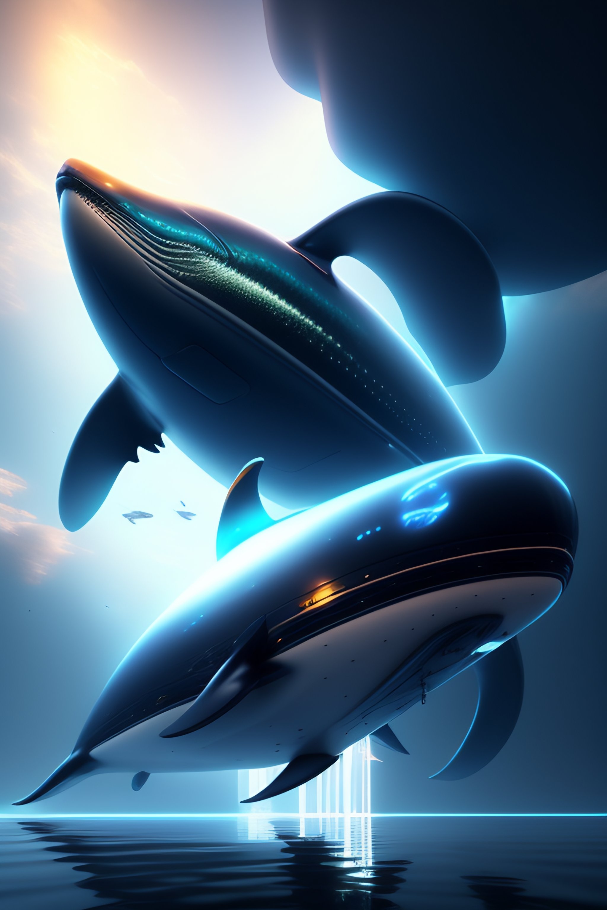 Lexica - Flying whale , light, shadows, rippling reflections, steam ...