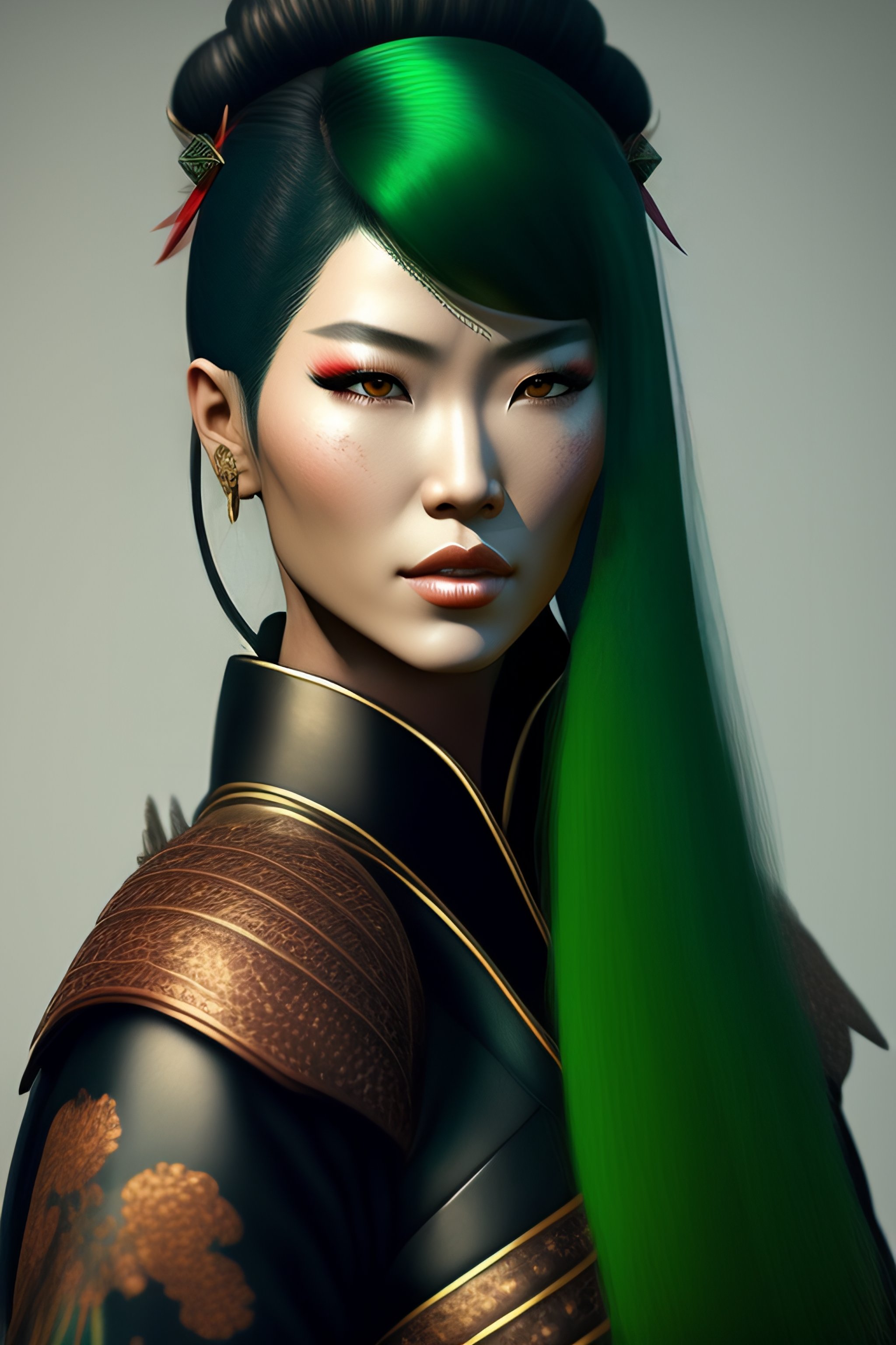 Lexica - Samurai woman with green hair realistic