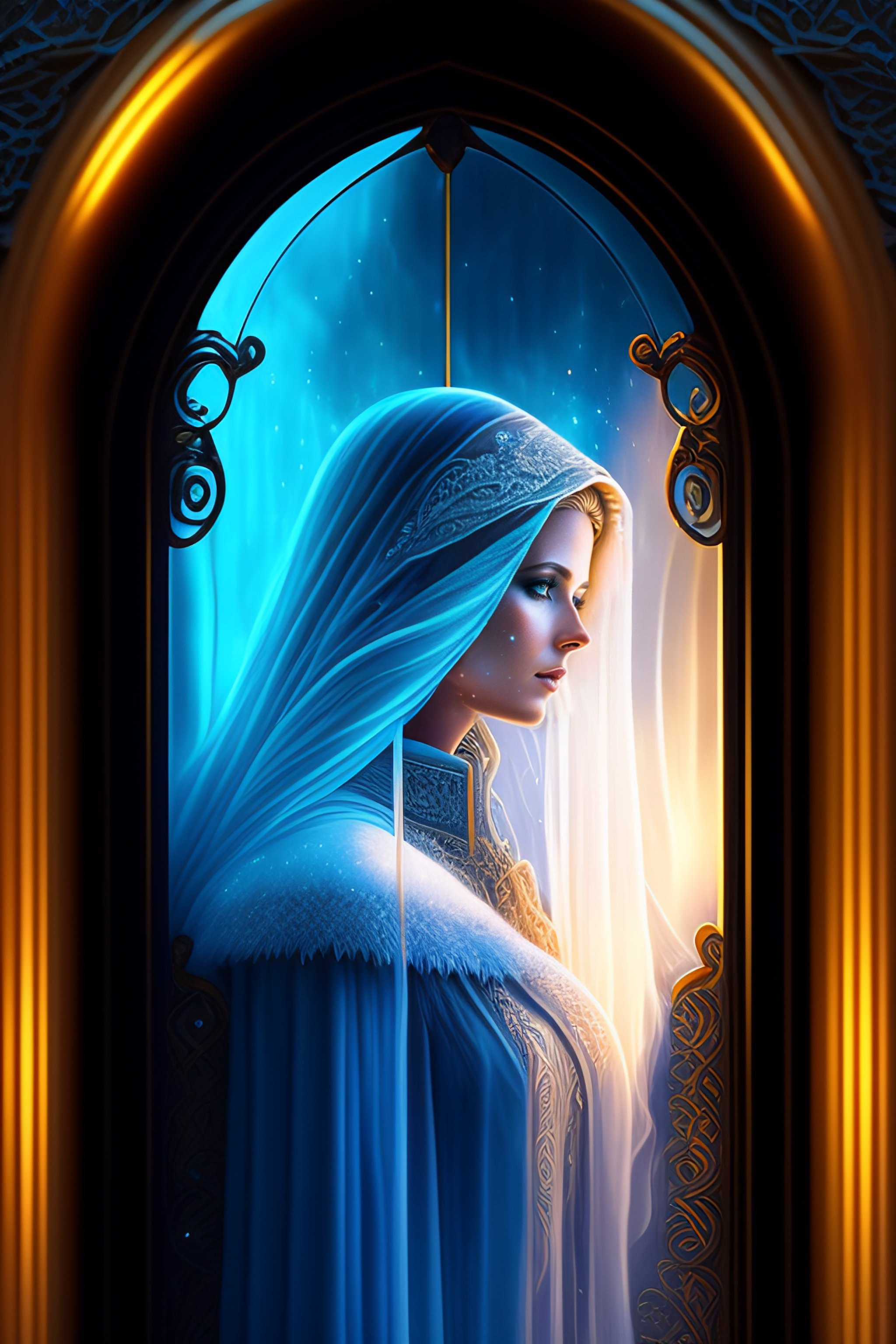 Lexica - A carving of a woman wearing a veil, etched into frosted glass ...
