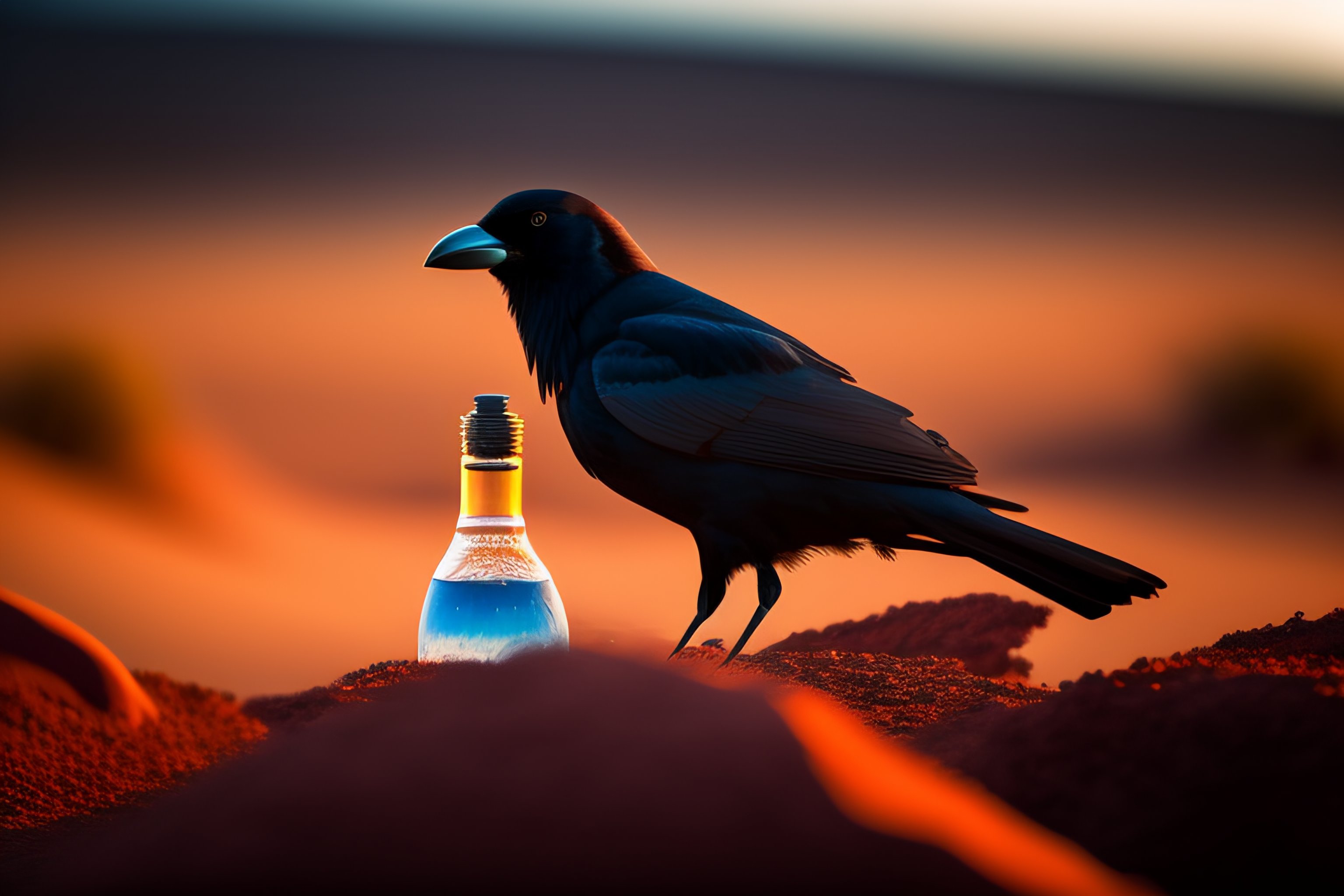 Lexica - Crow drinking a falling bottle water, desert, high detail ...