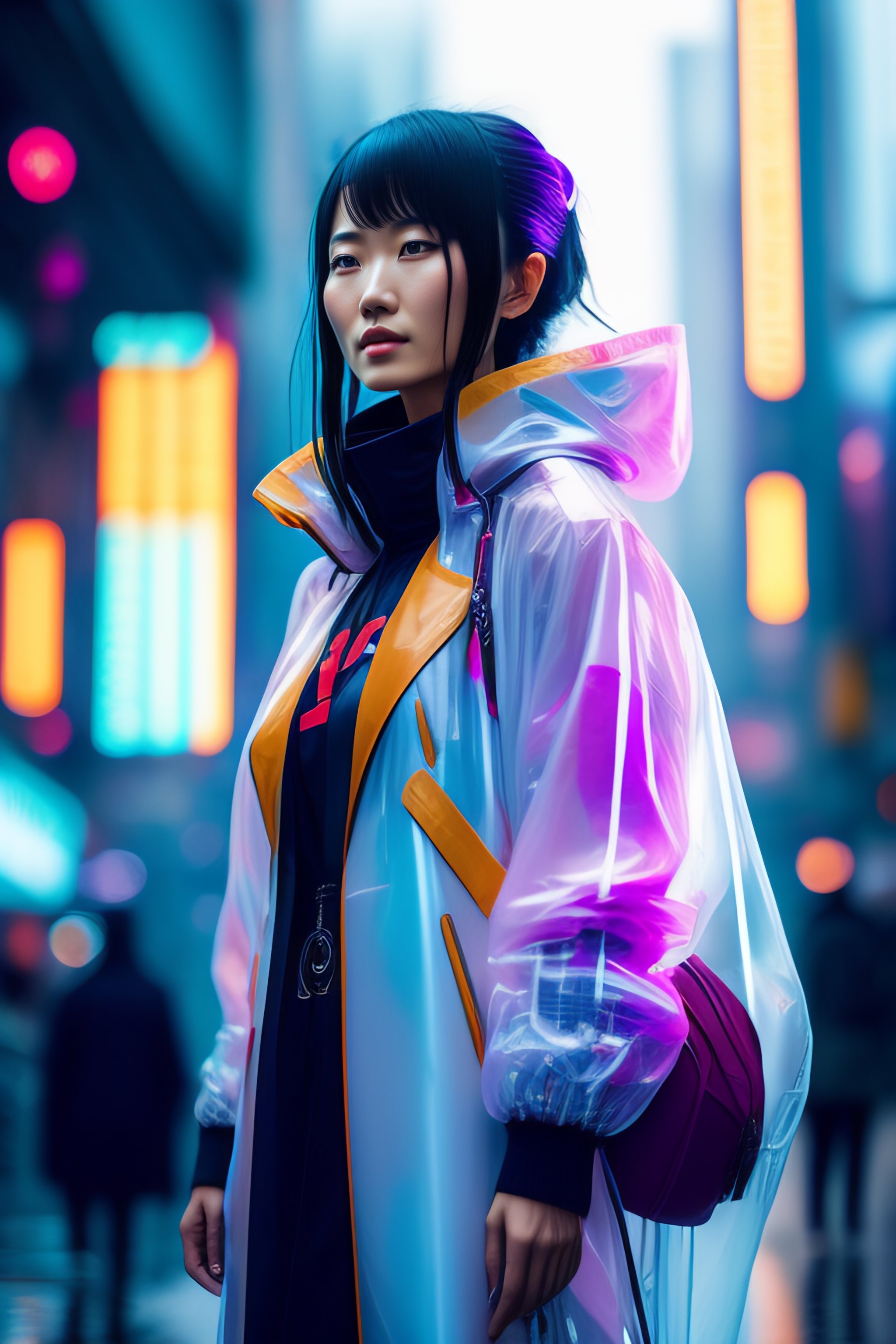 Lexica - Kaori from akira wearing transparent raincoat, cyborg parts ...