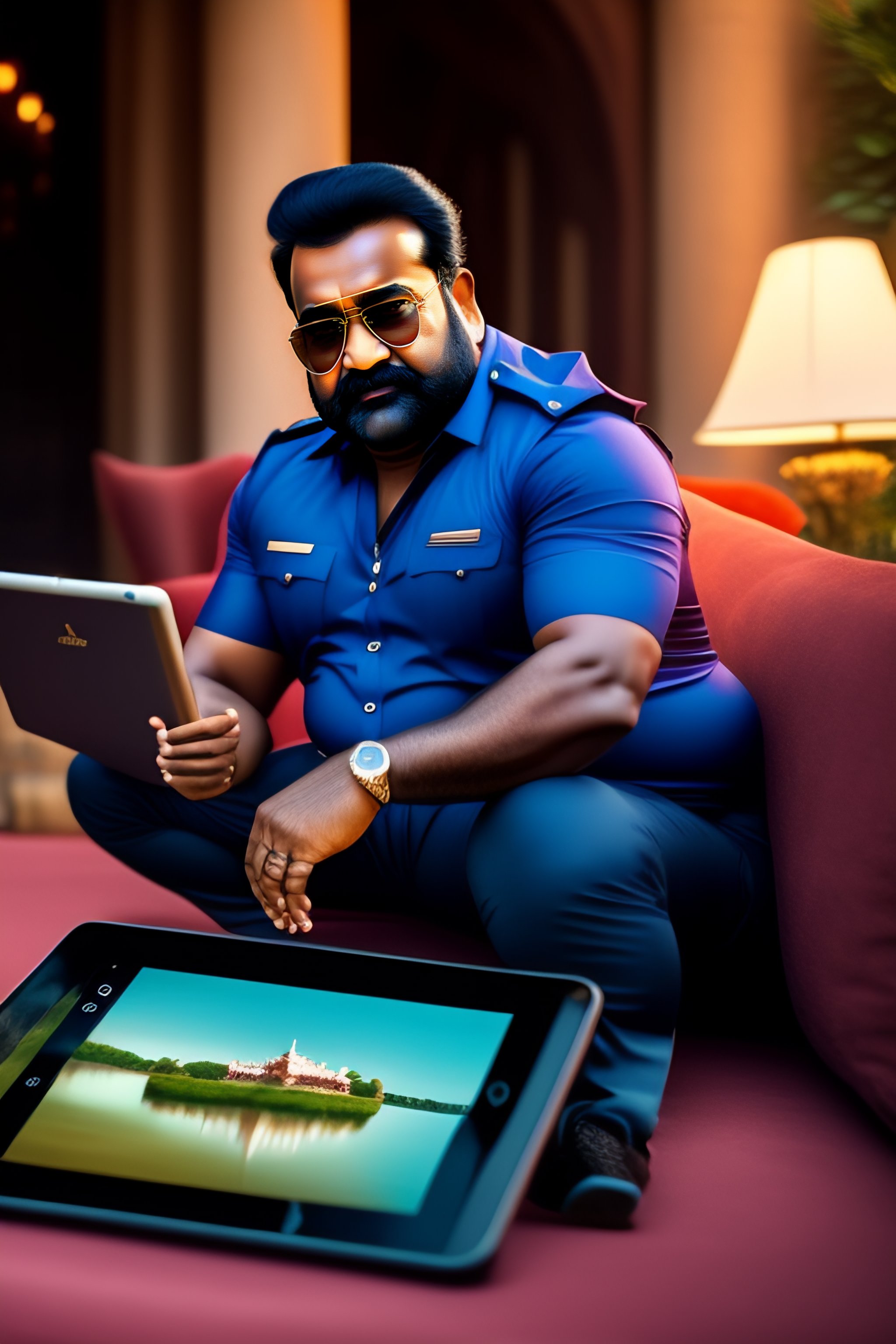 Lexica - Realistic picture of Indian actor Mohanlal working on a tablet ...