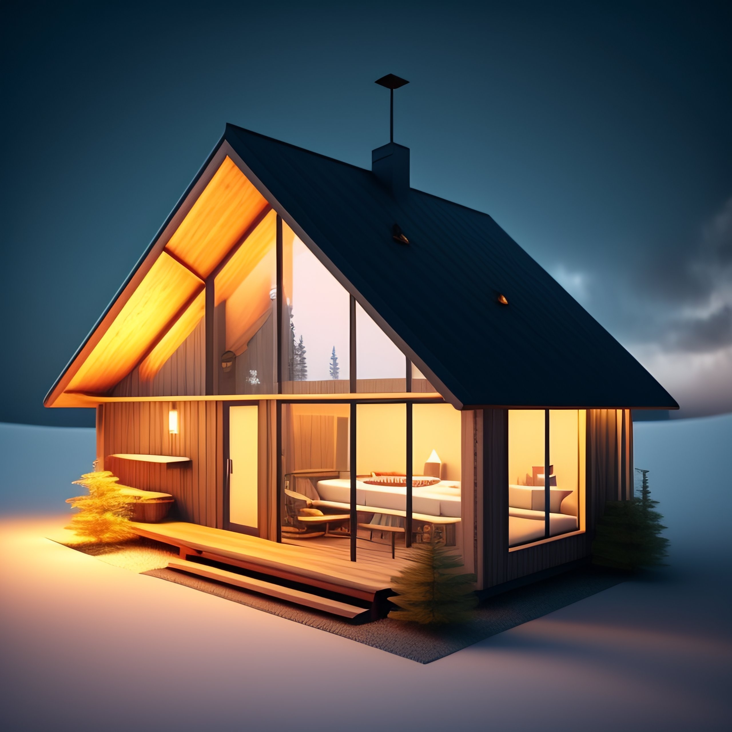 Lexica - Isometric, cozy modern cabin interior minimalistic look ...