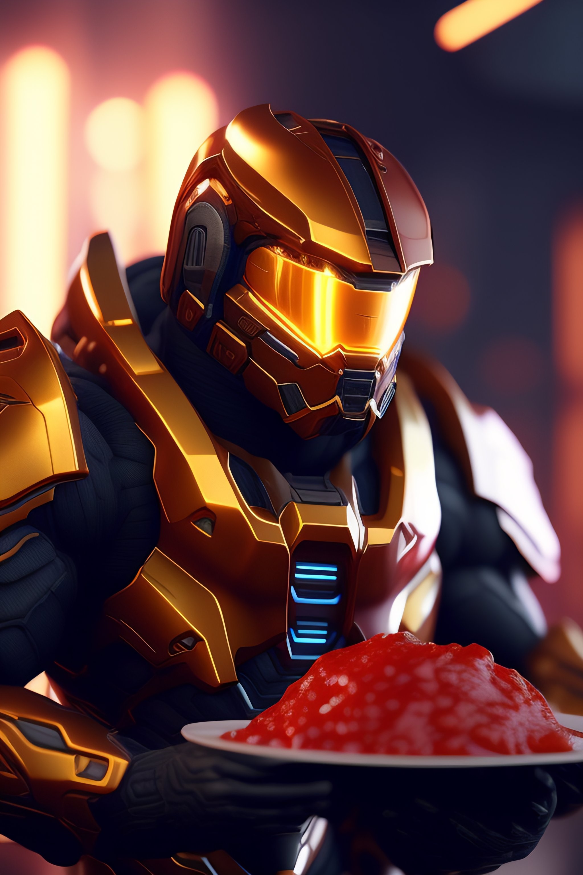 Lexica - Master Chief (halo), eating pasta with red sauce, male, strong ...