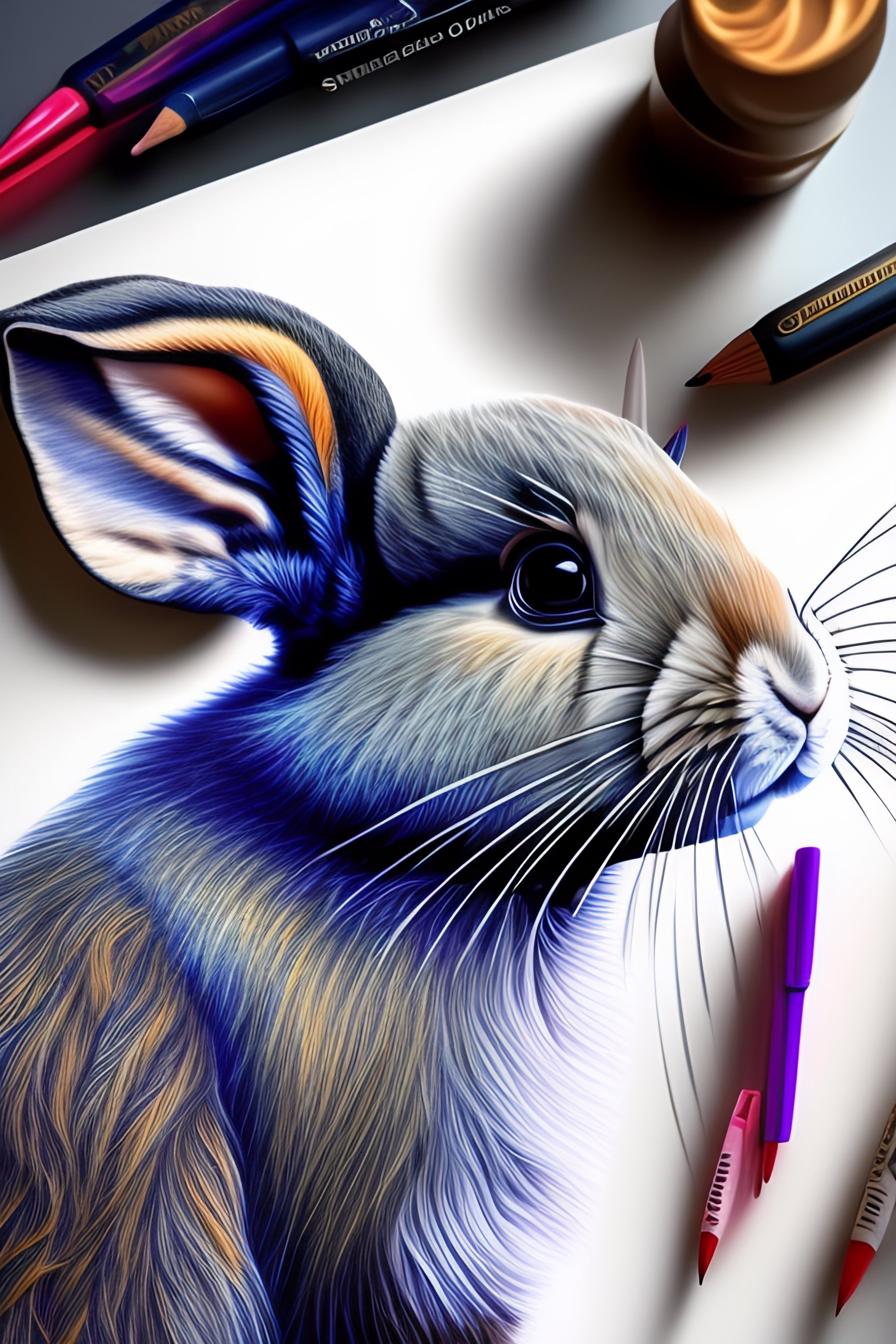 Lexica - Scribble art with pens and pencils next to the paper with cute realistic rabbit