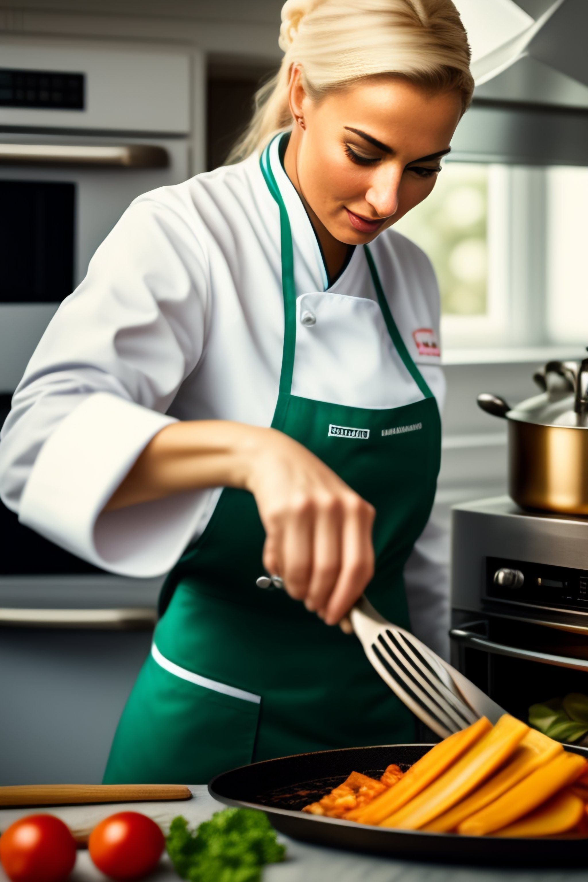 Lexica - A blonde from the back in a white cook uniform with long ...