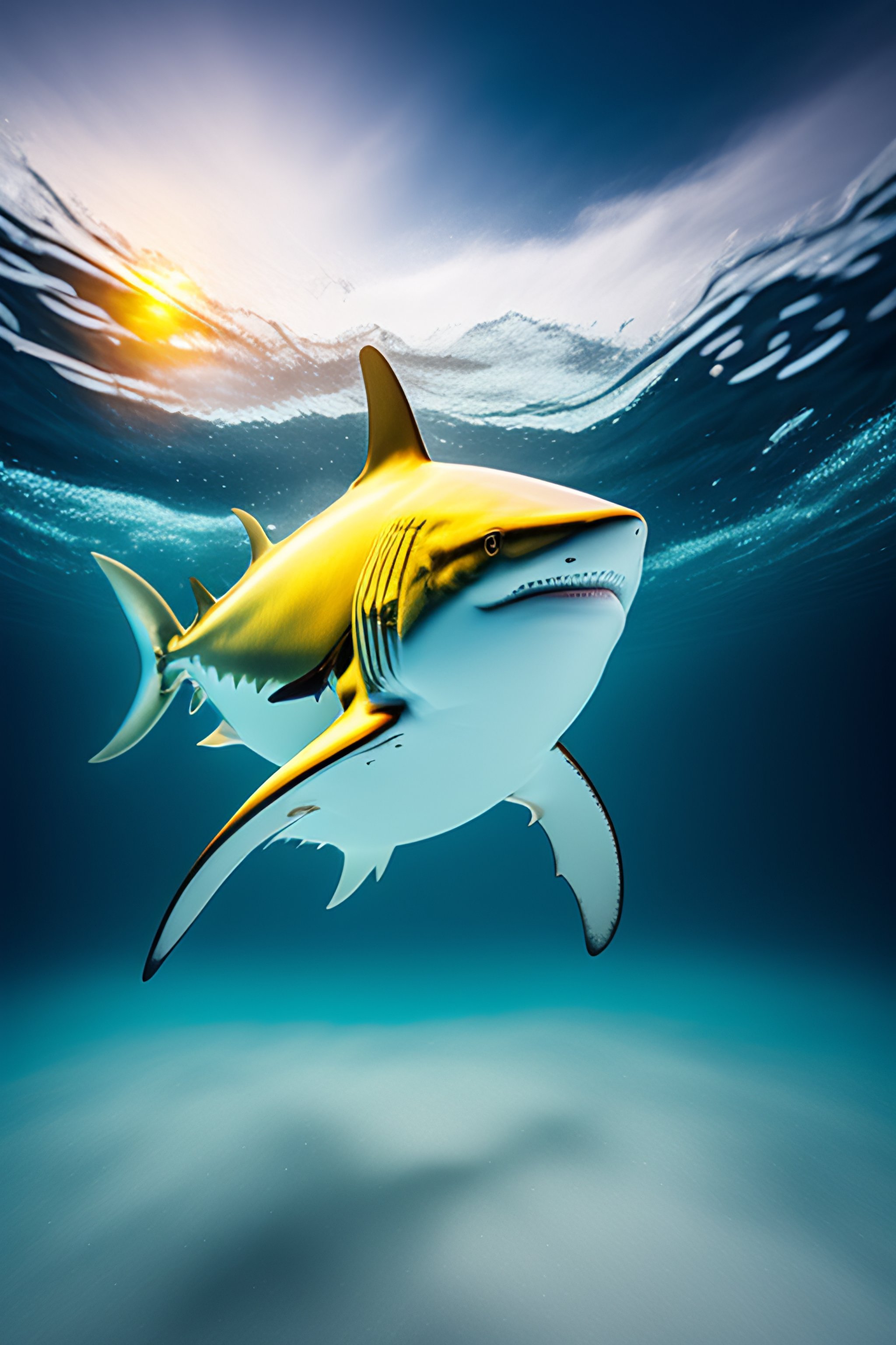 Lexica - A golden white agressive shark, swiming under ice, volumique ...
