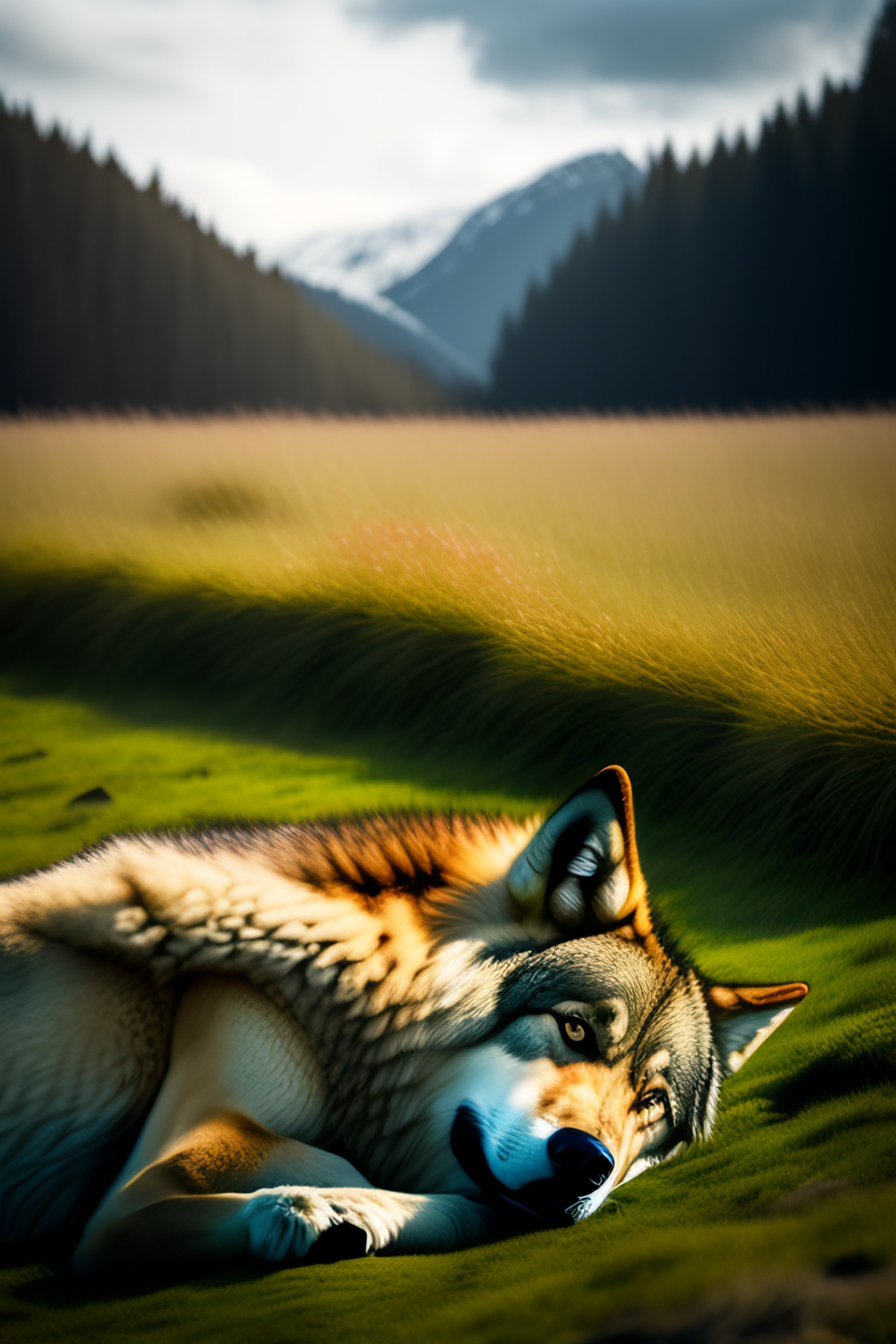 Lexica - Dead wolf lying on a grass, bleeding, missing limbs, and a cub ...