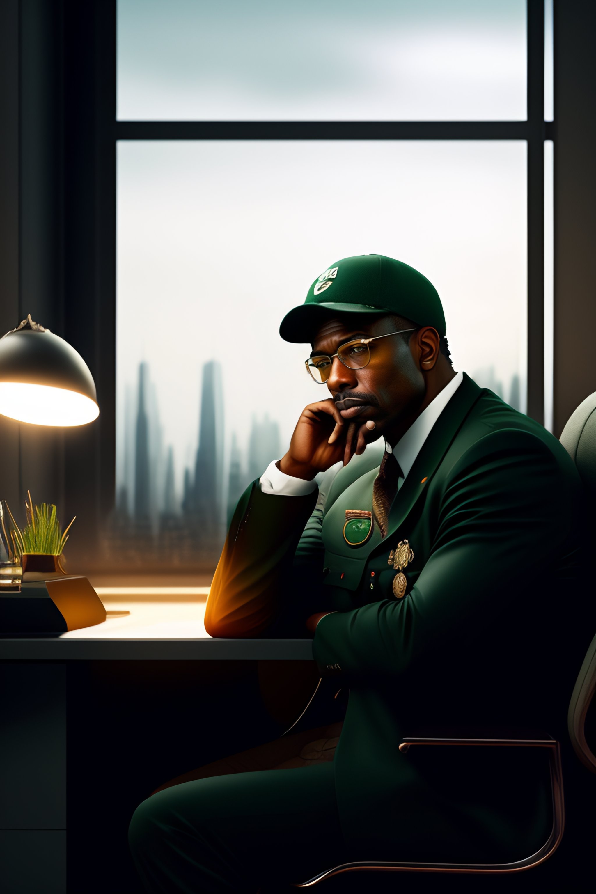 Lexica - A sniper, seated at a desk with a sly and sneaky expression on ...