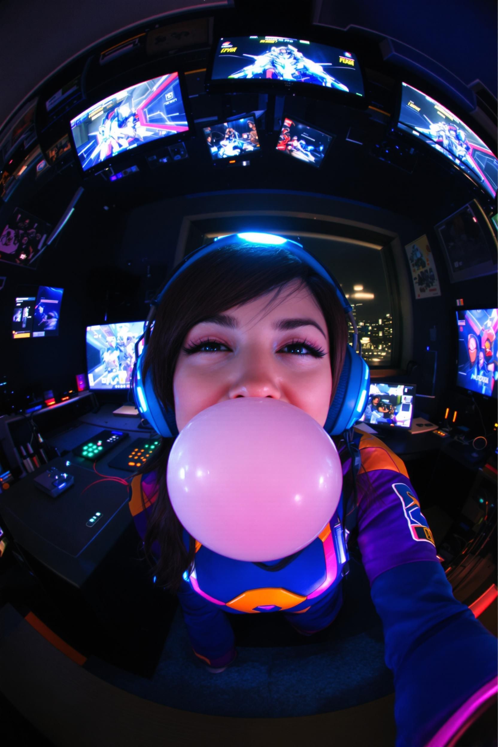 Lexica - Fisheye lens. Dva from overwatch. She`s blowing bubble gum ...