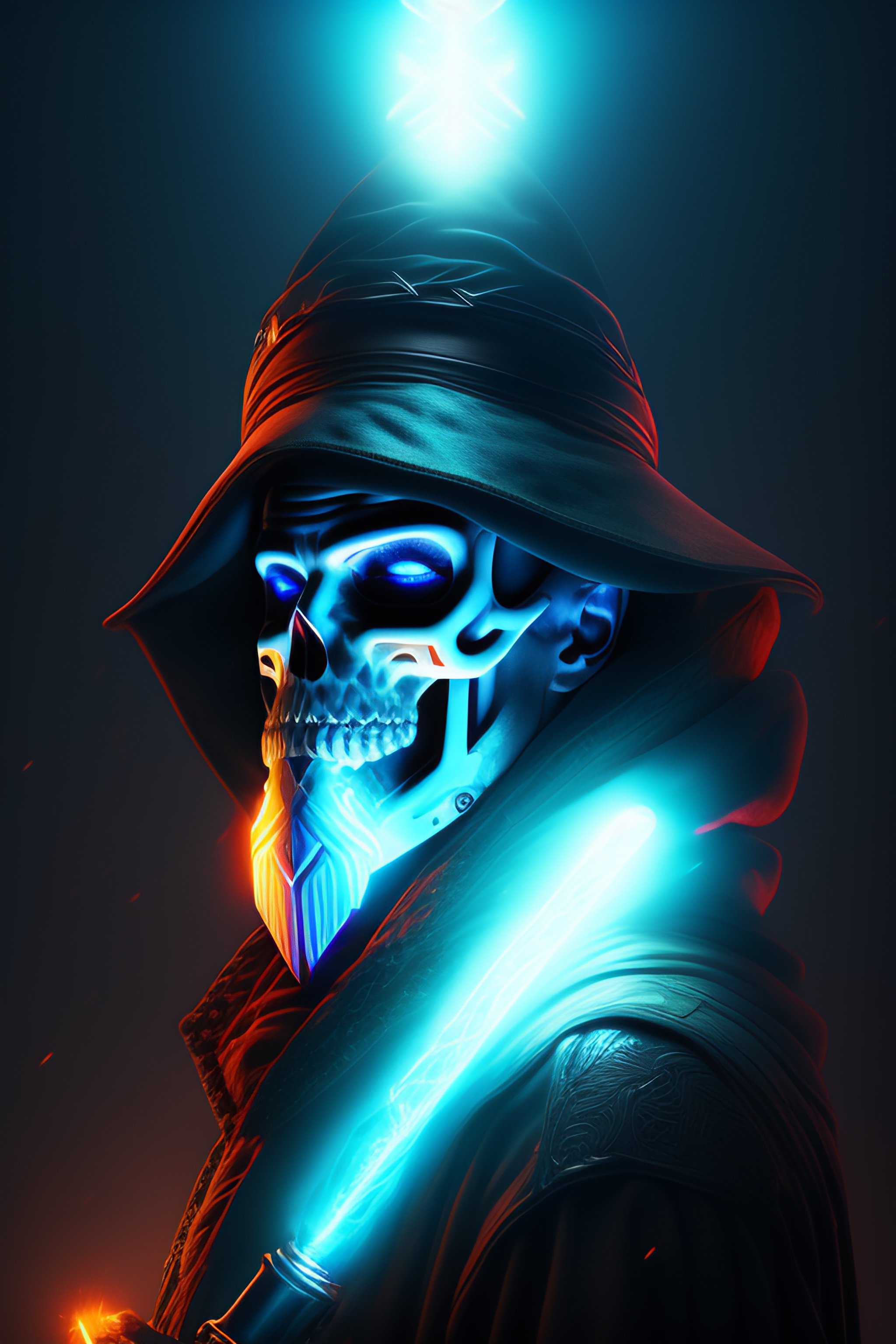 Lexica - Wizard with a skull mask holding a bright light in a dark room ...