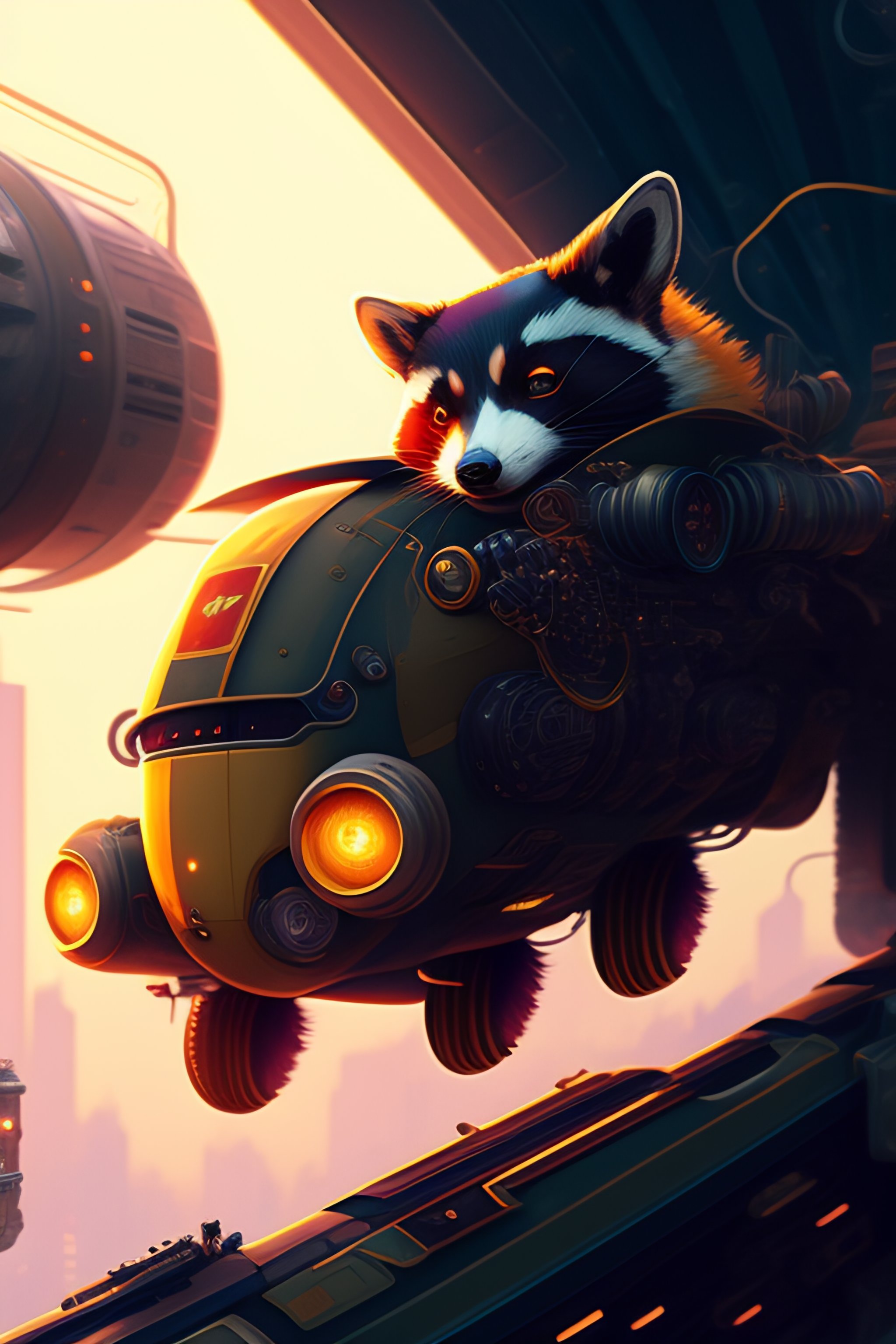 Lexica - A steampunk-cyberpunk racoon driving a Jetpack, highly ...