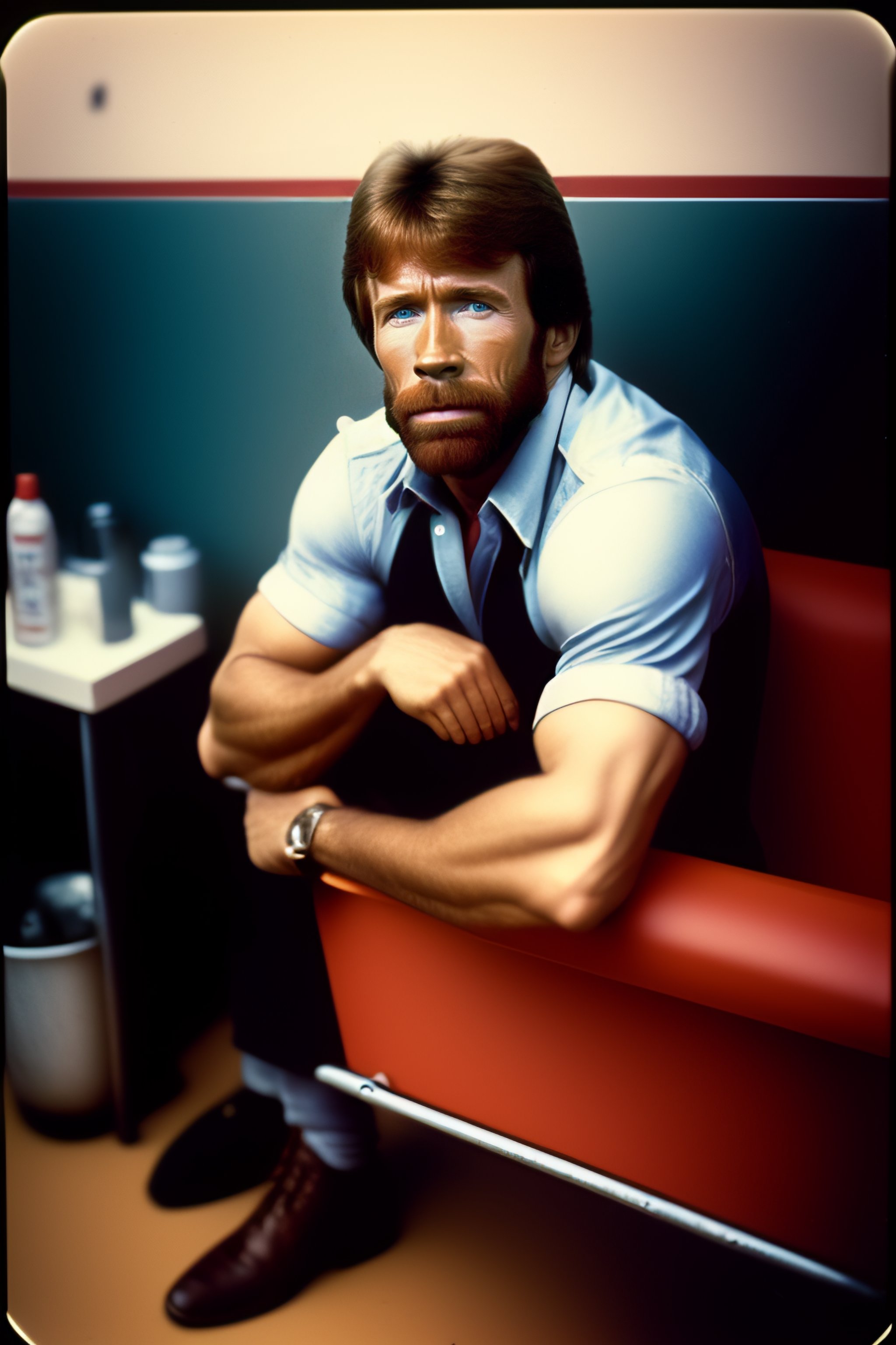 Lexica - Realistic polaroid photo of chuck norris sitting alone in a ...