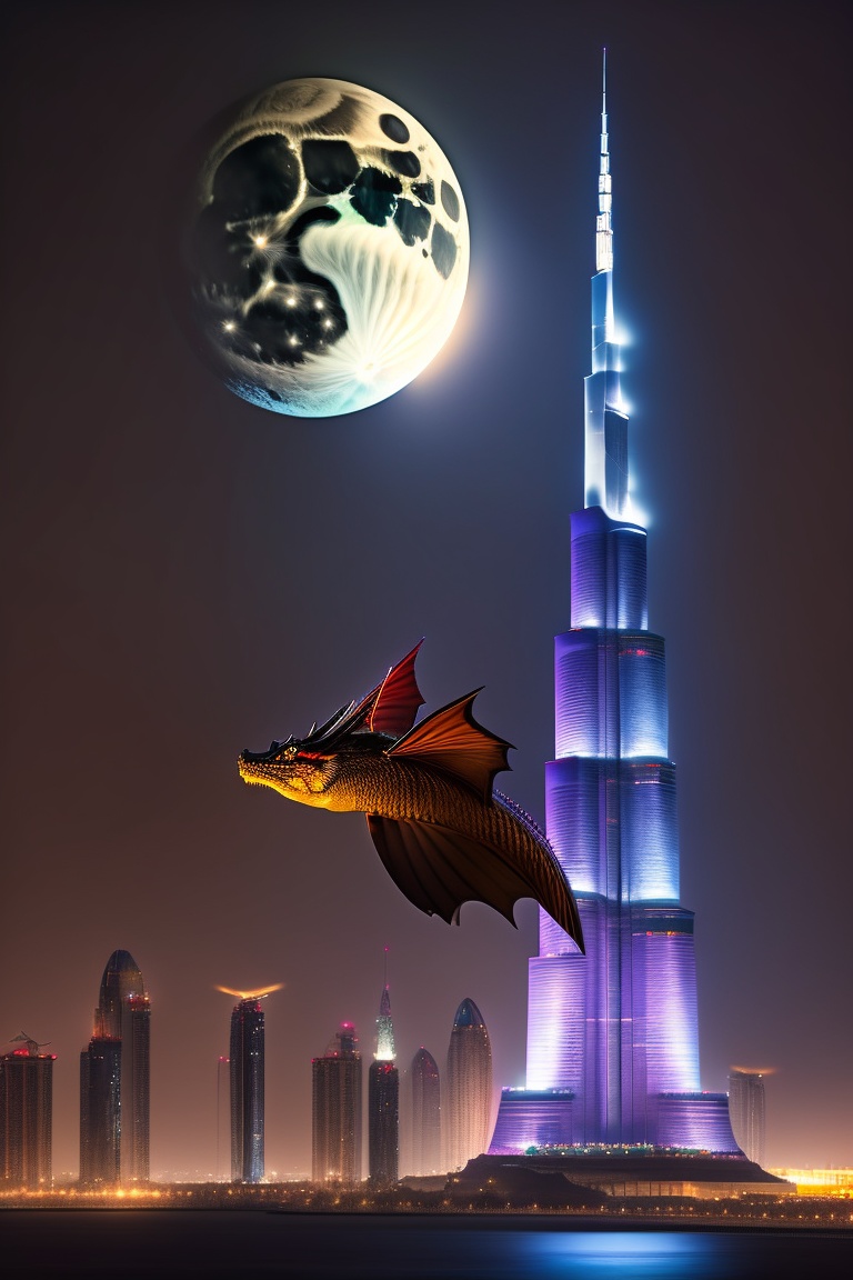 Lexica - Dragon flying around burj khalifa night time, lush dark theam ...