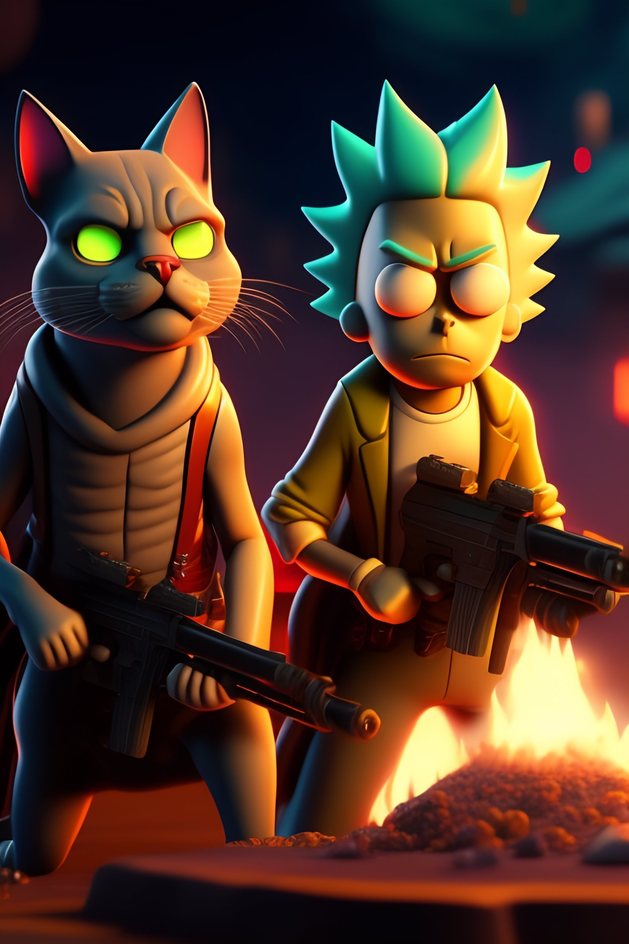 Lexica - Rick and Morty in 3D as cats with musket guns in the ...