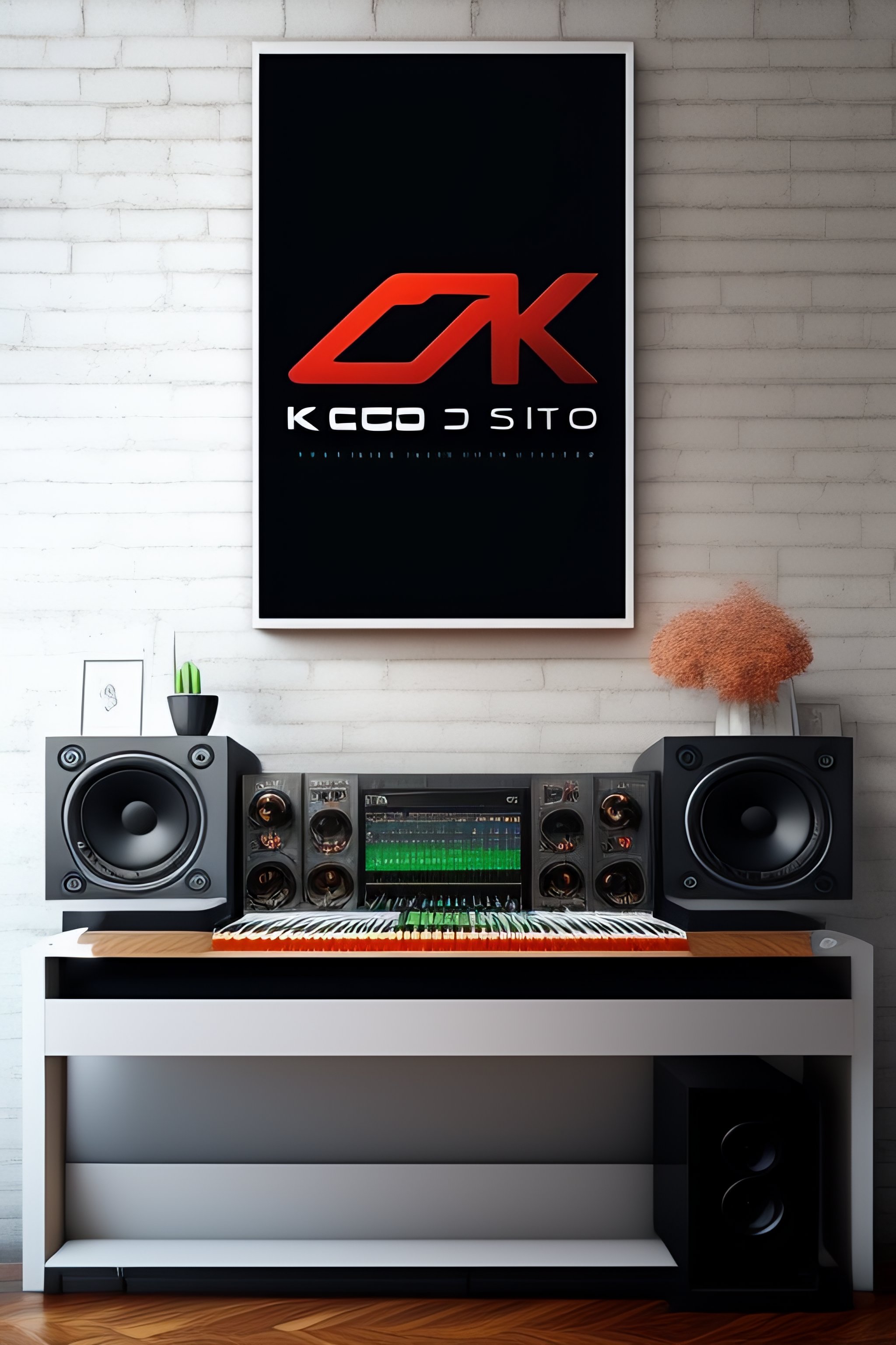 Lexica - Hip-hop music producer studio in 2030 with KMG on the wall as ...