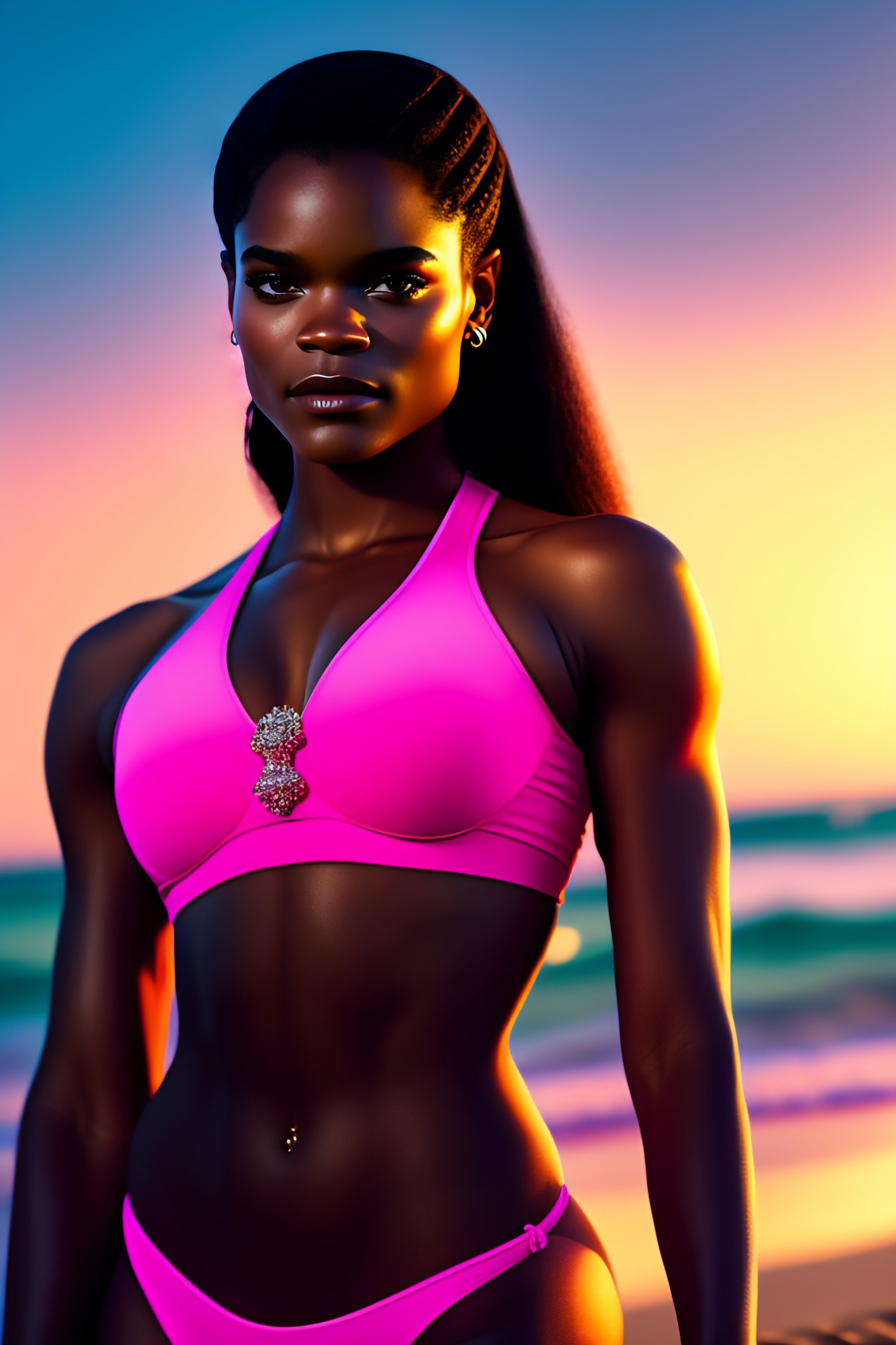 Lexica - Dream foto of a very beautiful Letitia Wright on the beach in a pink bikini, highly ...