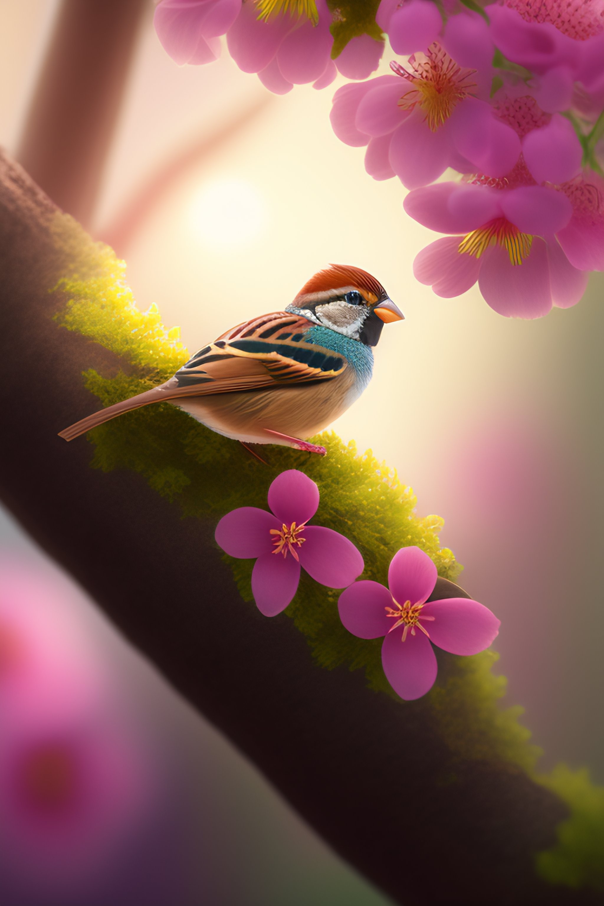 Lexica - A tiny sparrow on a branch with spring flowers on background:1.0, aesthetically ...