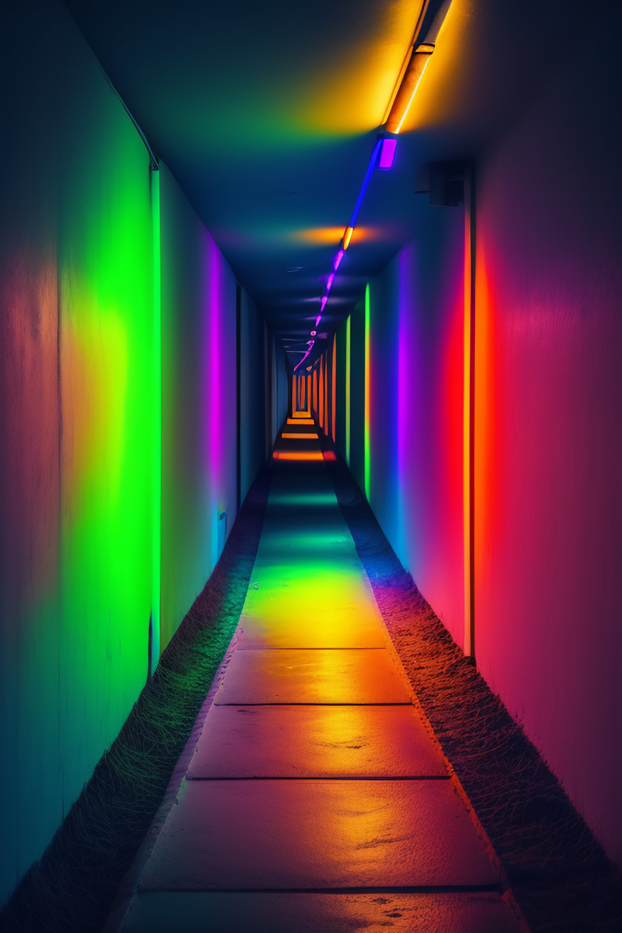Lexica - A dark concrete hallway with trippy neon paths