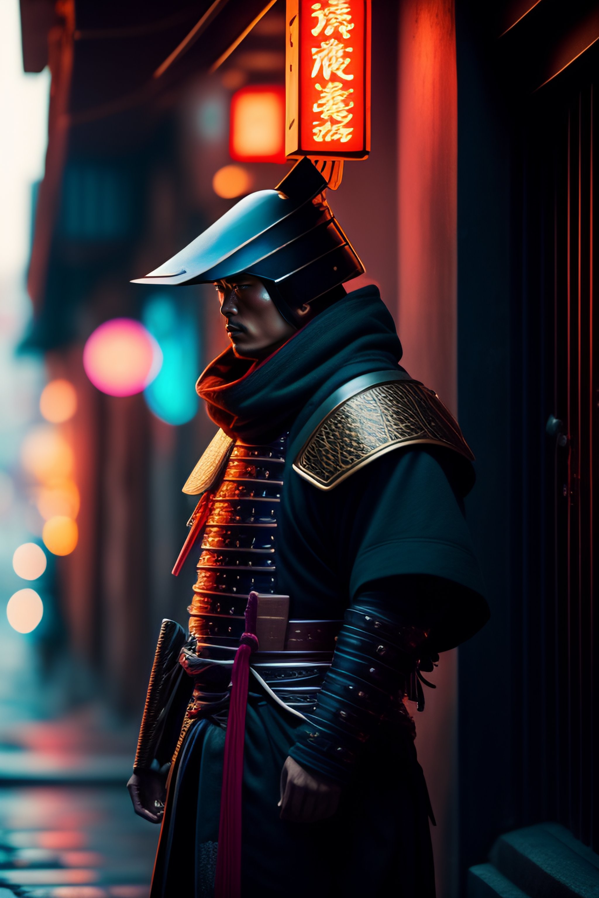Lexica - Samurai pepe in a cyberpunk alley