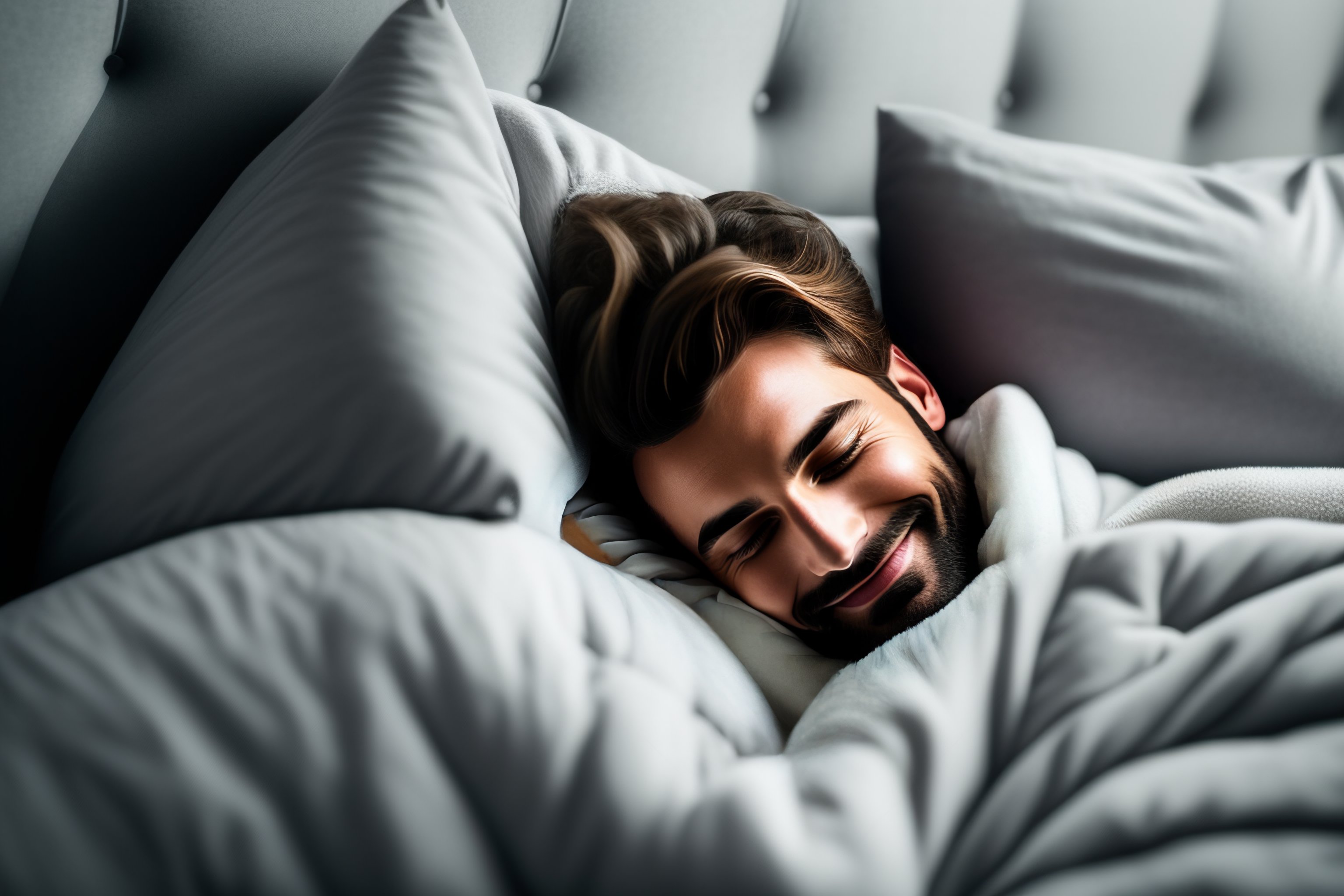 Lexica - Happy man slepping in a bed with thin grey blanket that hugs ...