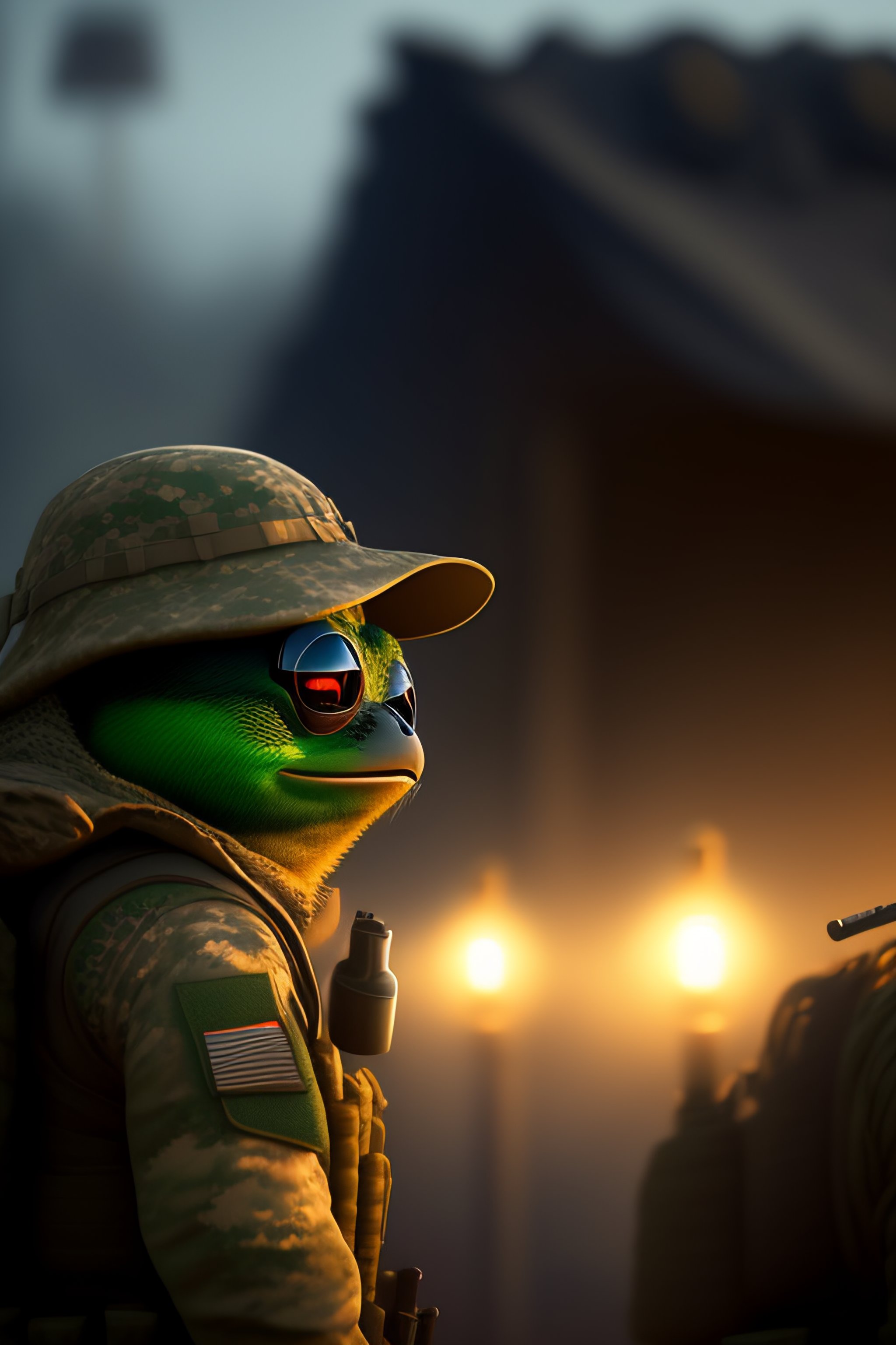 Lexica - An exhausted pepe the frog at the frontlines in the army at ...