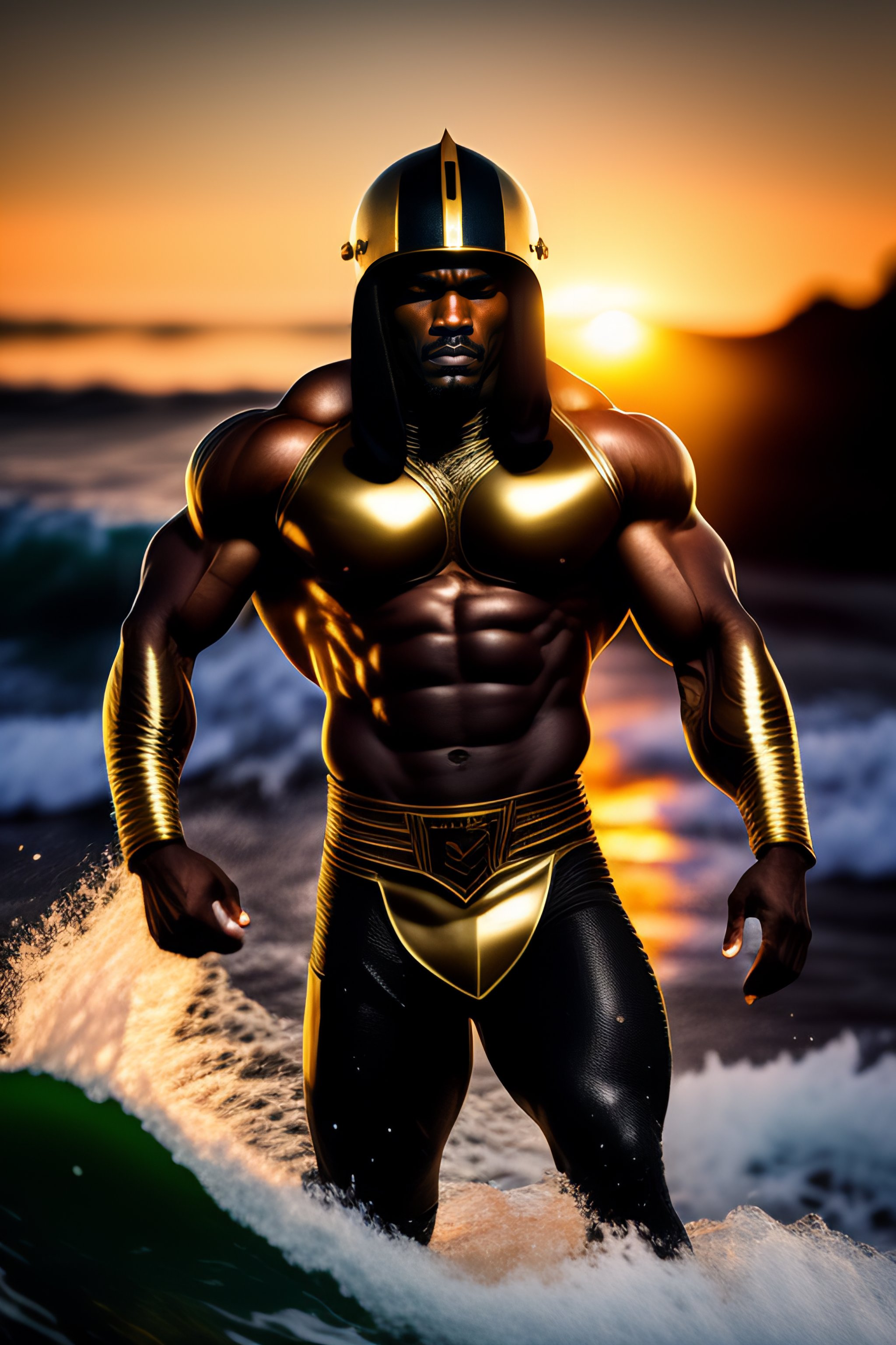 Lexica - Black metal surfer from earth, with gold helmet, musclebound man
