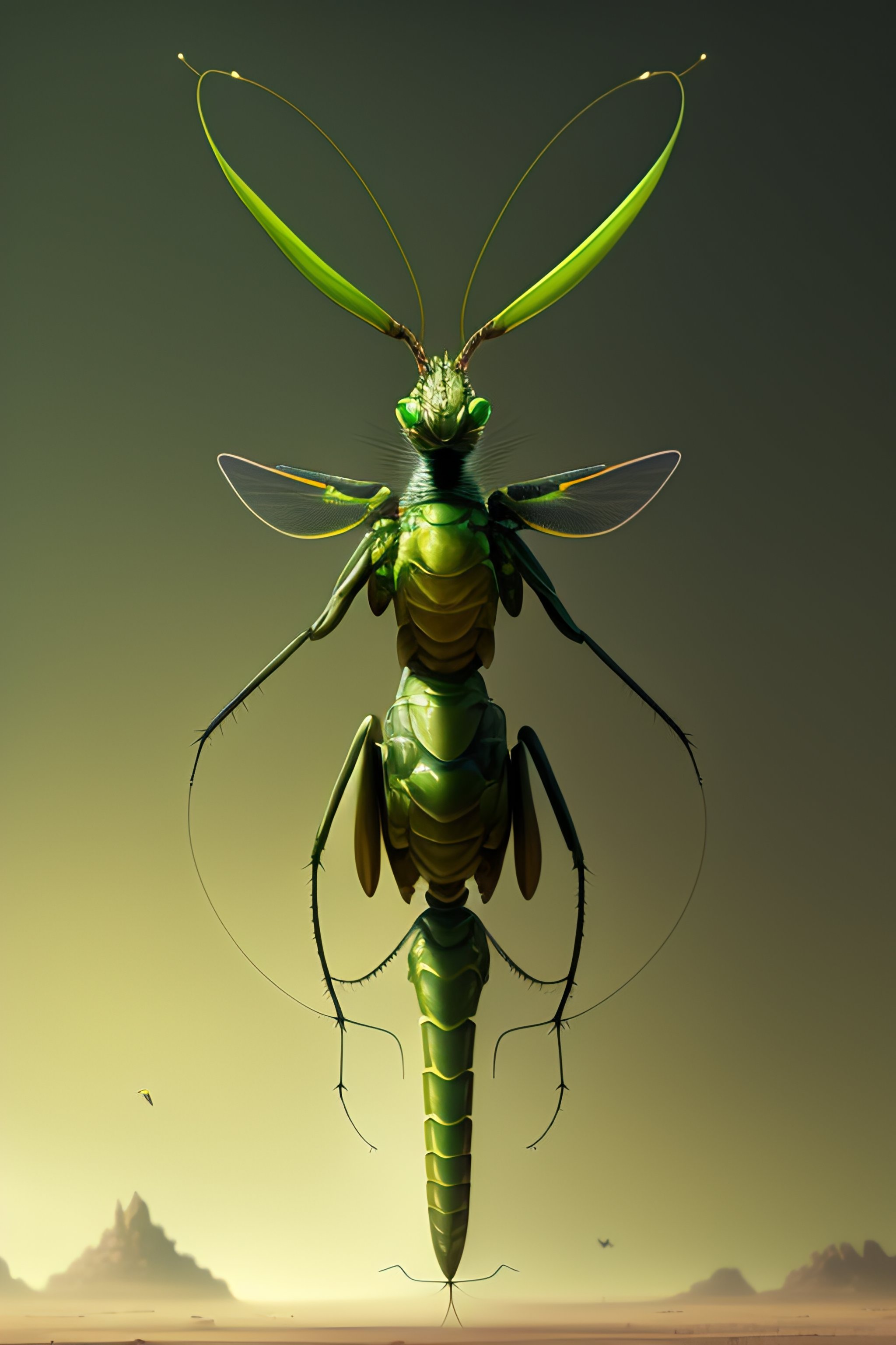 Lexica - Full body shot a of green human - mantis ; head with antennae ...