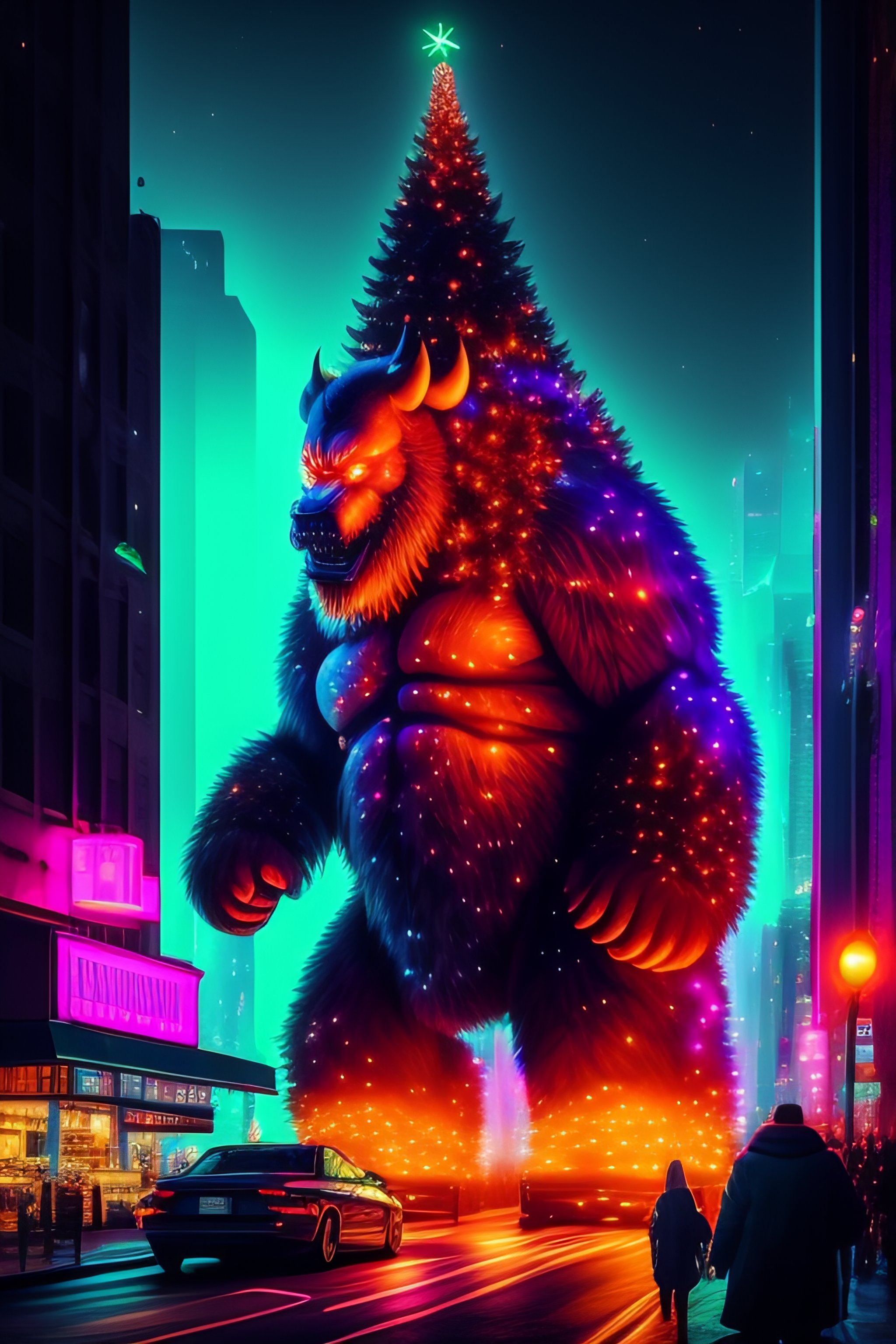 Lexica - A giant christmas tree monster rampaging through a neon ...