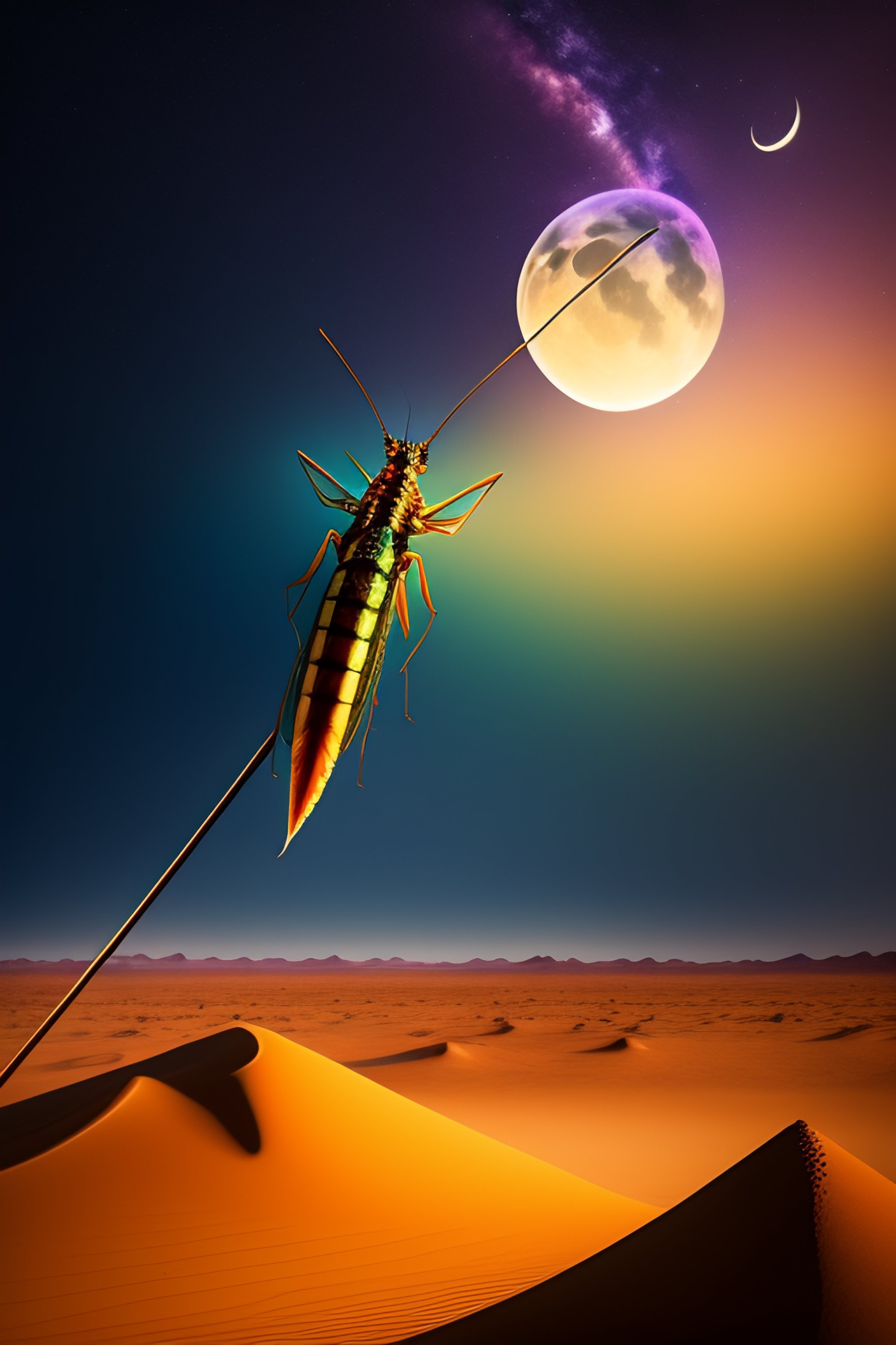 Lexica - A mantis insect in a desert with a crescent moon spear.