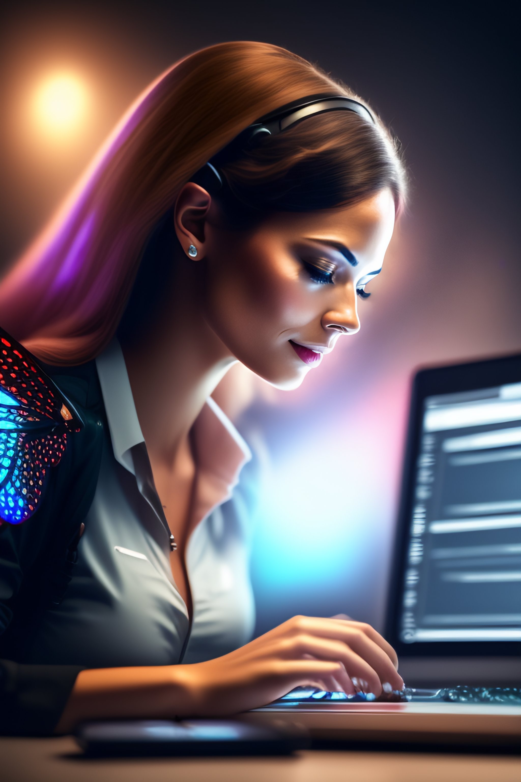 Lexica - Female software engineer with fairy wings writing code on the computer