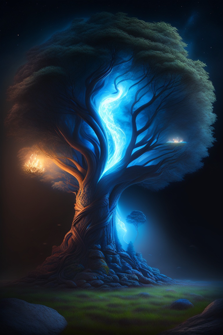 Lexica - A huge ancient magical tree with a blue fire at the center of ...