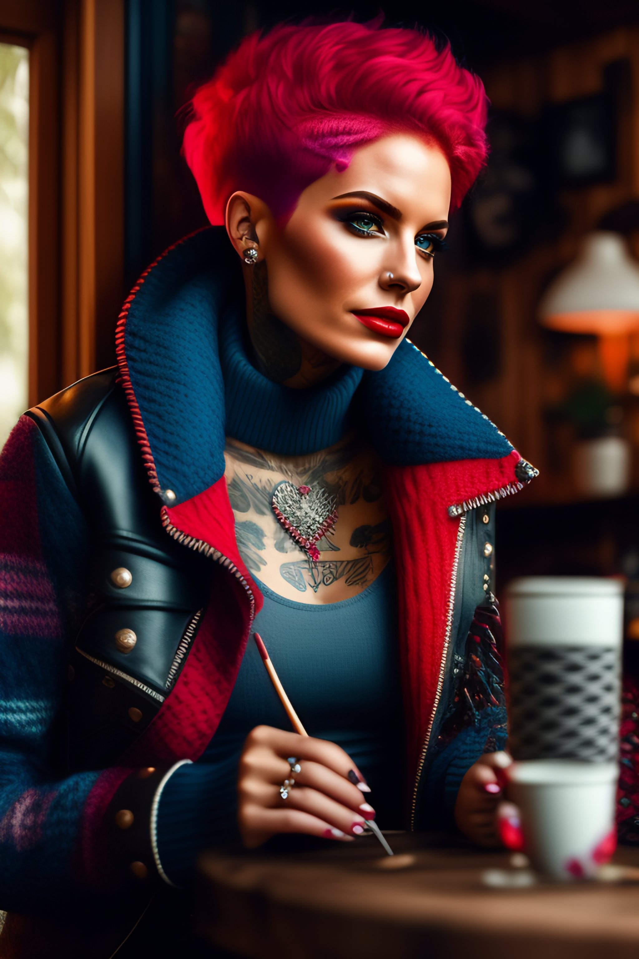 Lexica - Punk rock girl knitting at a cozy cottage, tattoos, piercings ...