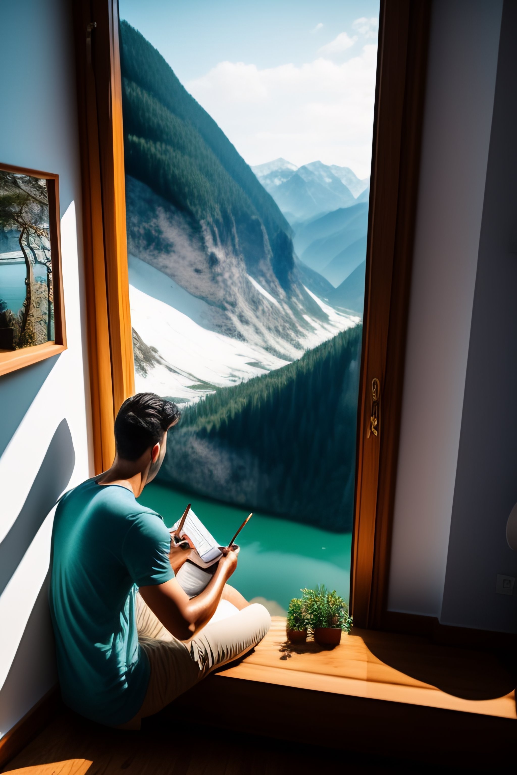 Lexica - A guy journaling in his room with a beautiful view