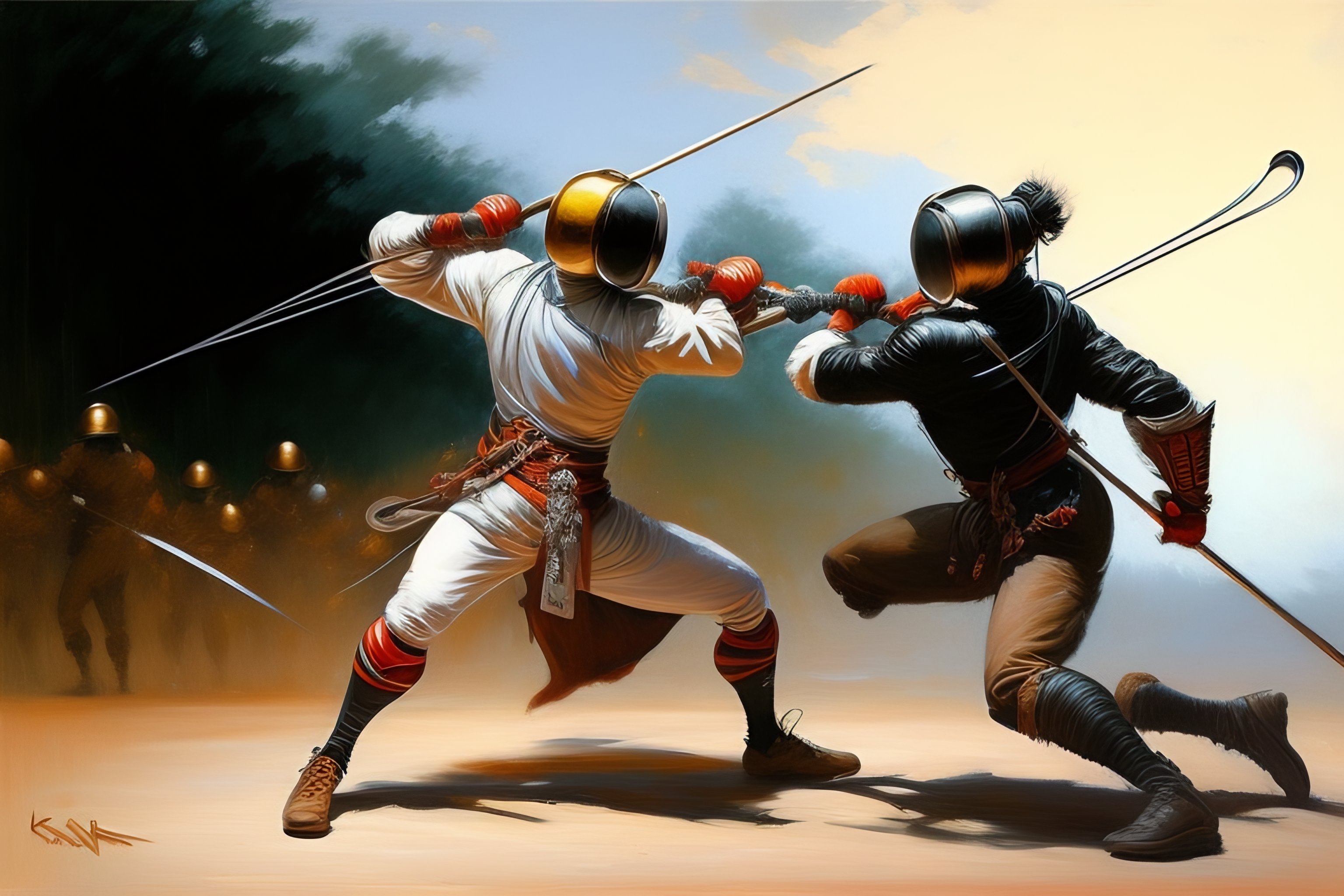 Lexica - Oil painting scene from fencing art by kim jung gi