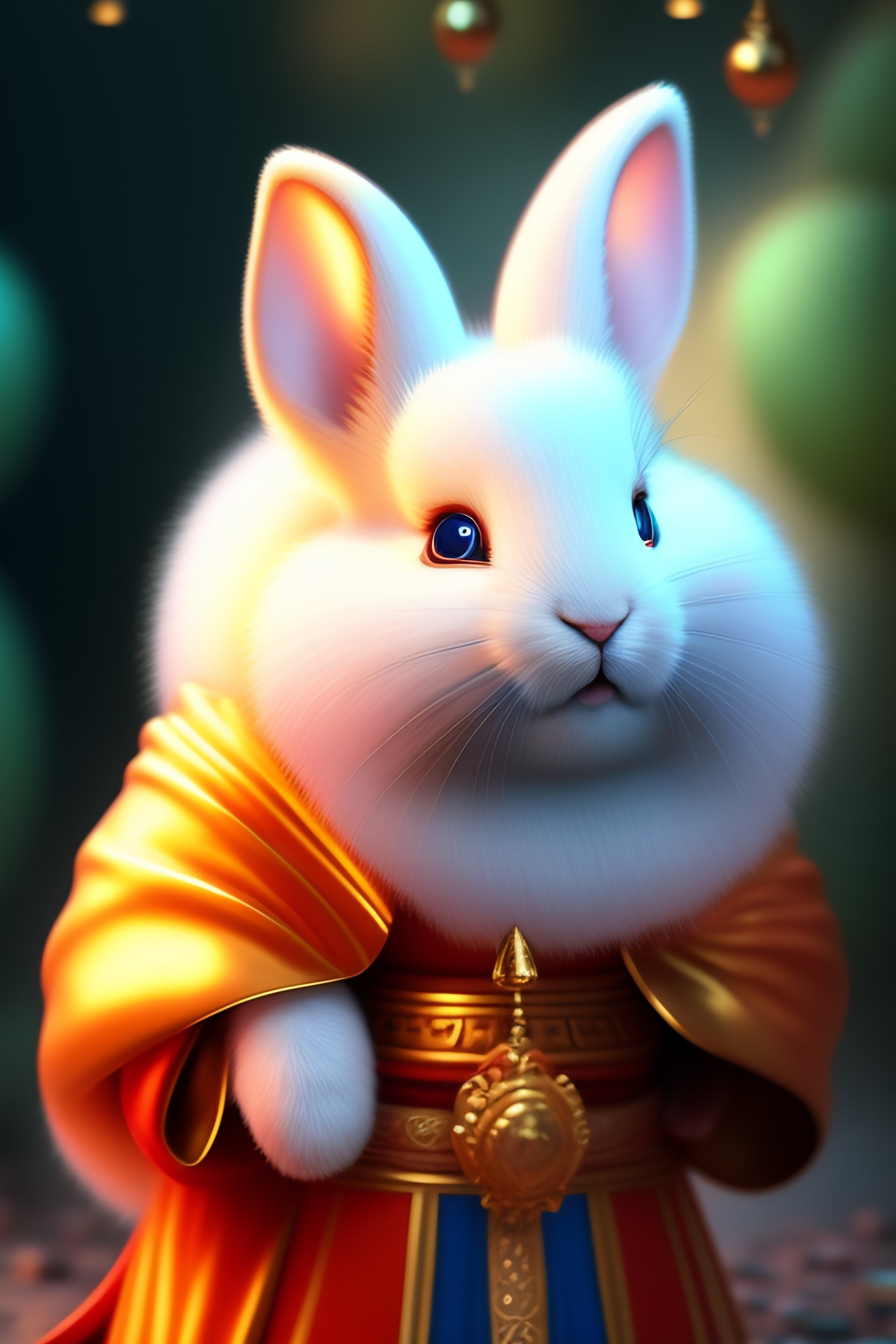 Lexica - Dynamic photography of a cute fluffy white rabbit as a Pixar character wearing a ...