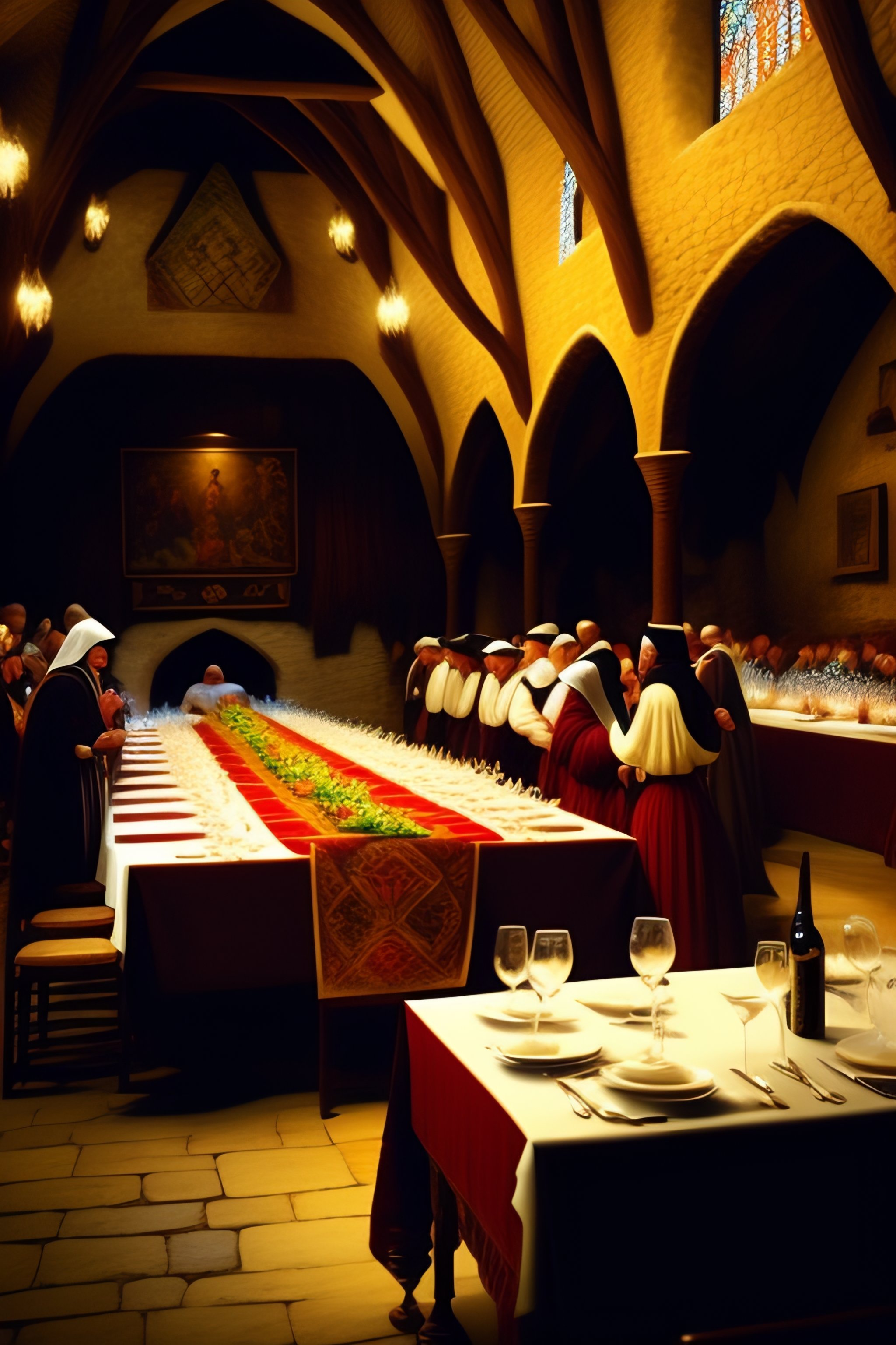 Lexica - Medieval hall, with a meal and people with cloaks hiding their ...