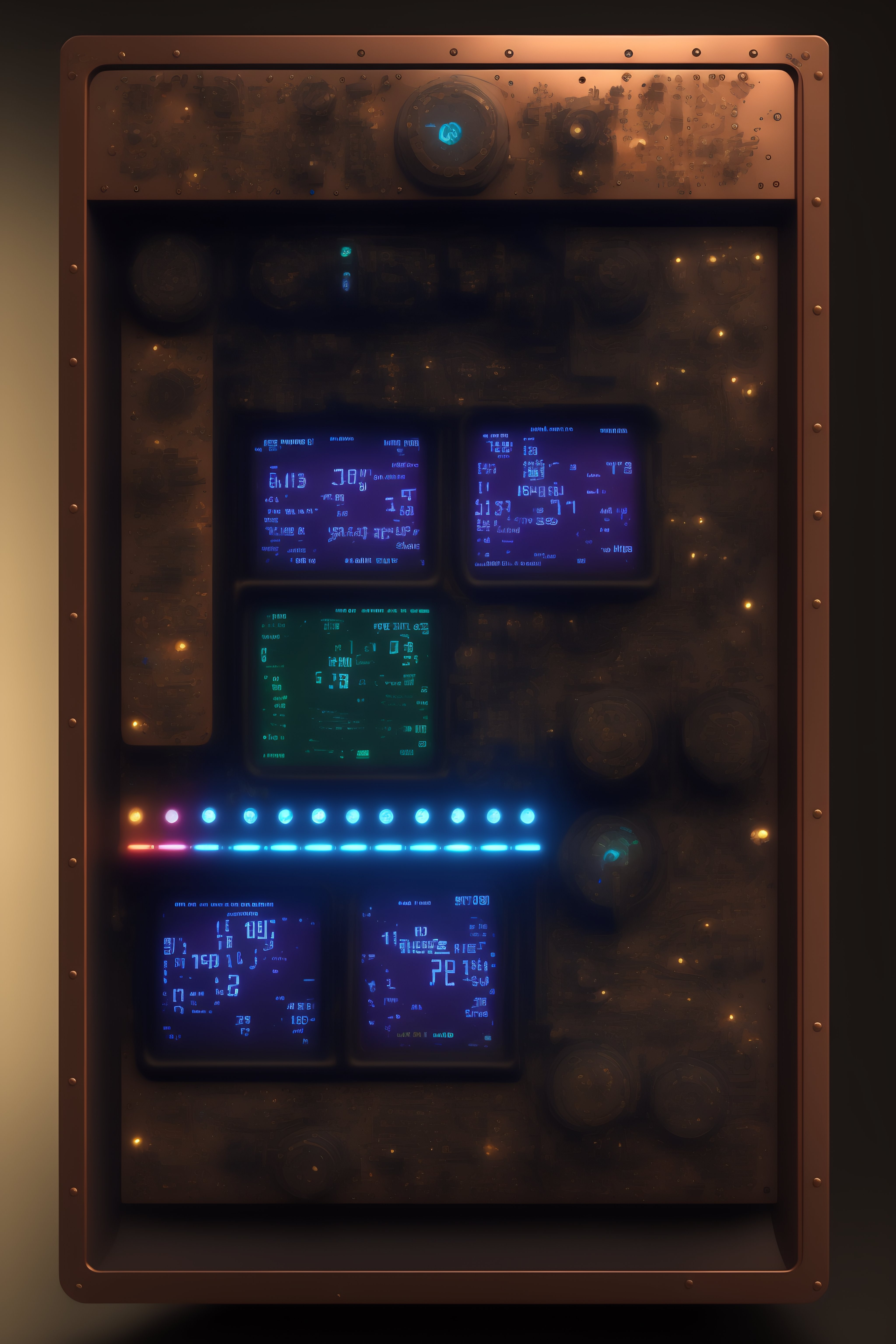 Lexica - Steampunk front view of a chaotic control panel with monitors ...