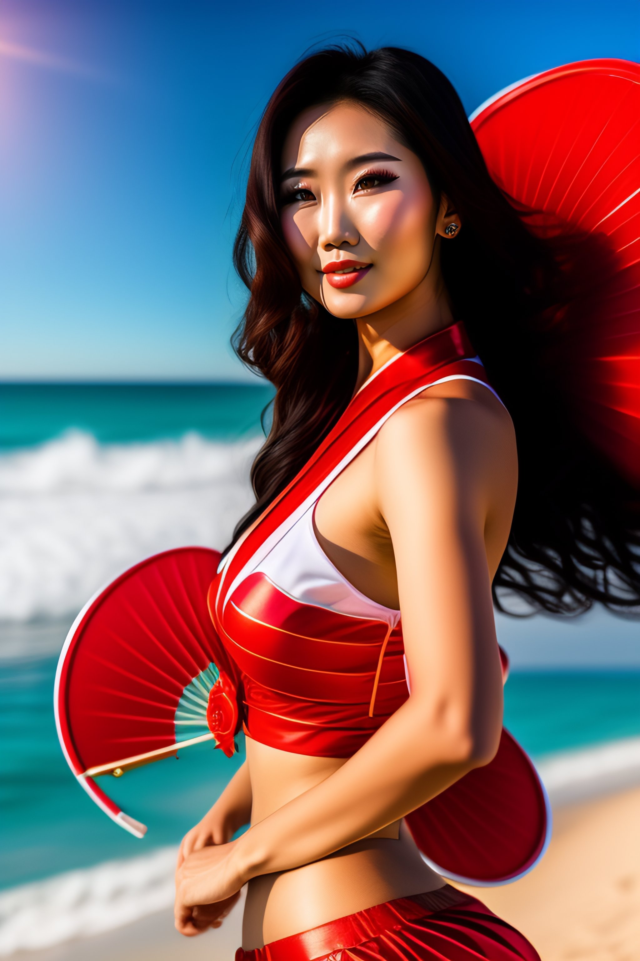 Lexica - Mai Shiranui Cosplay holding fans, bright day at beach background, red dress ...
