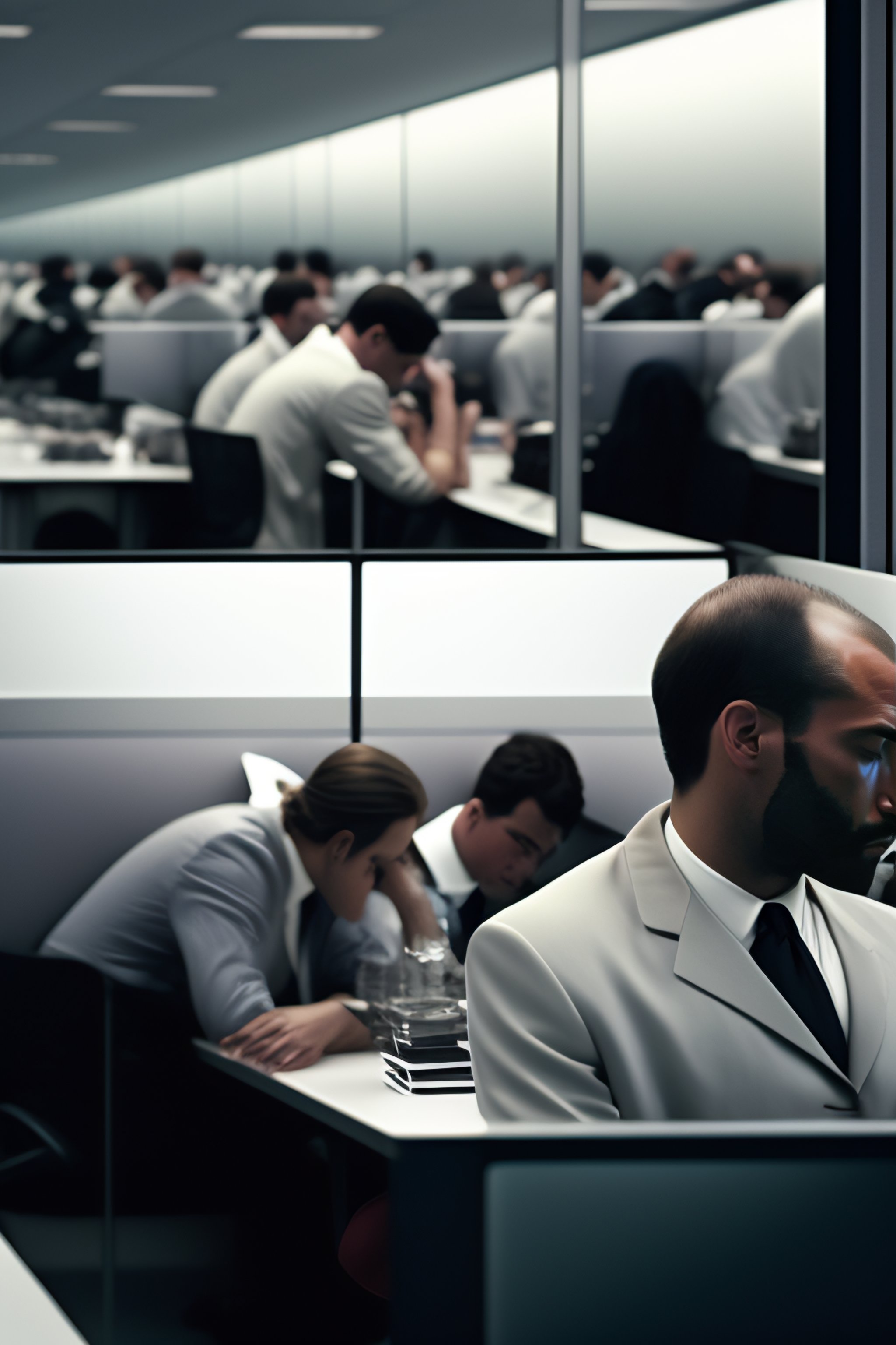 Lexica - Depict a person sitting at a desk in a sterile, grey office ...