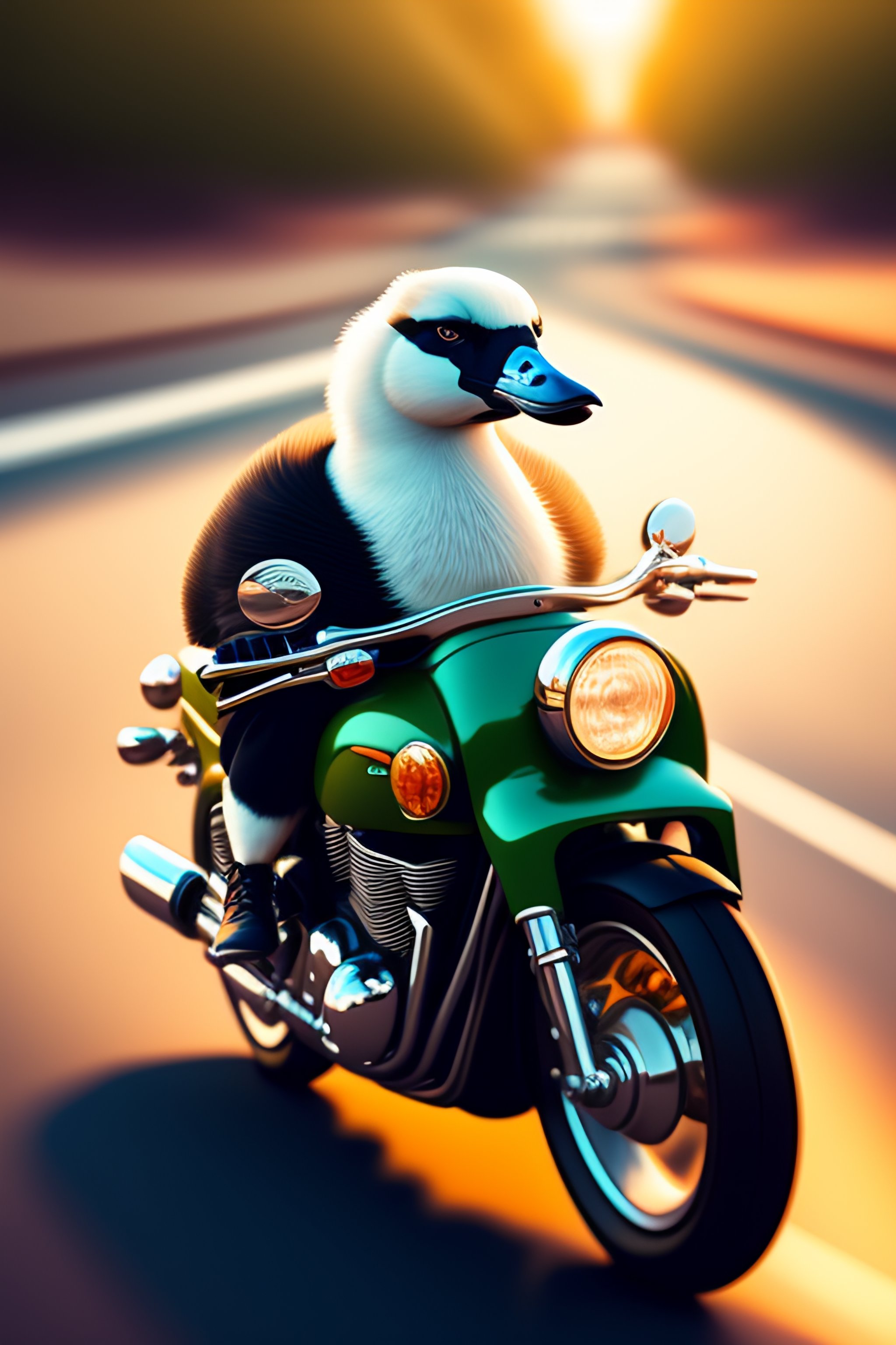 Lexica - Cartoon goose with glasses on a motorcycle, 8k