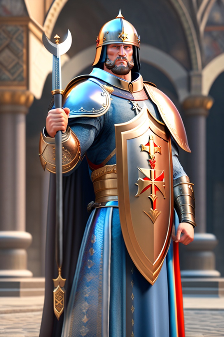Lexica - Crusader holding a sword and shield, angry, strong men, 3d ...