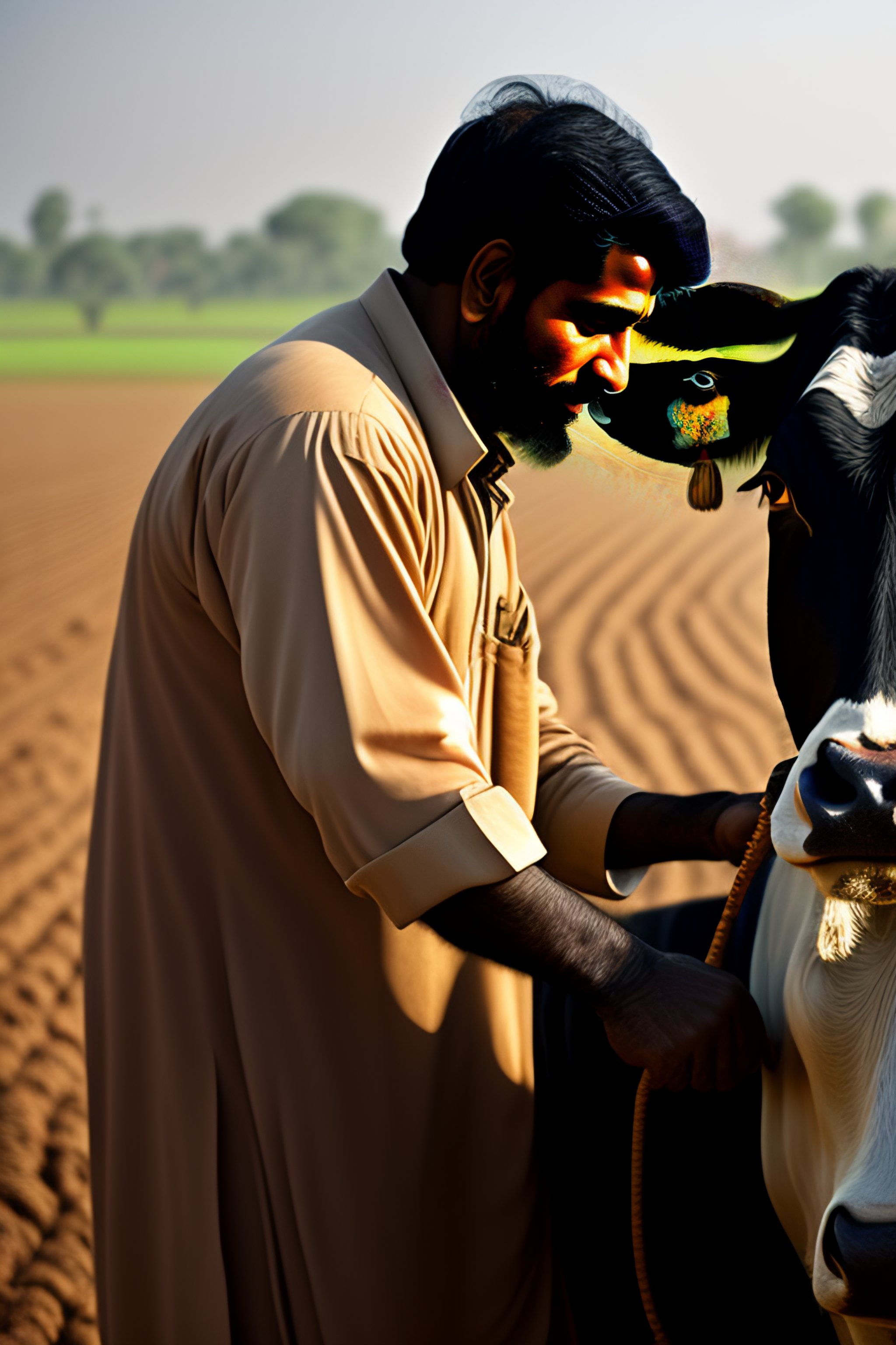 Lexica - Portrait of a Pakistani man in a farm milking a cow.