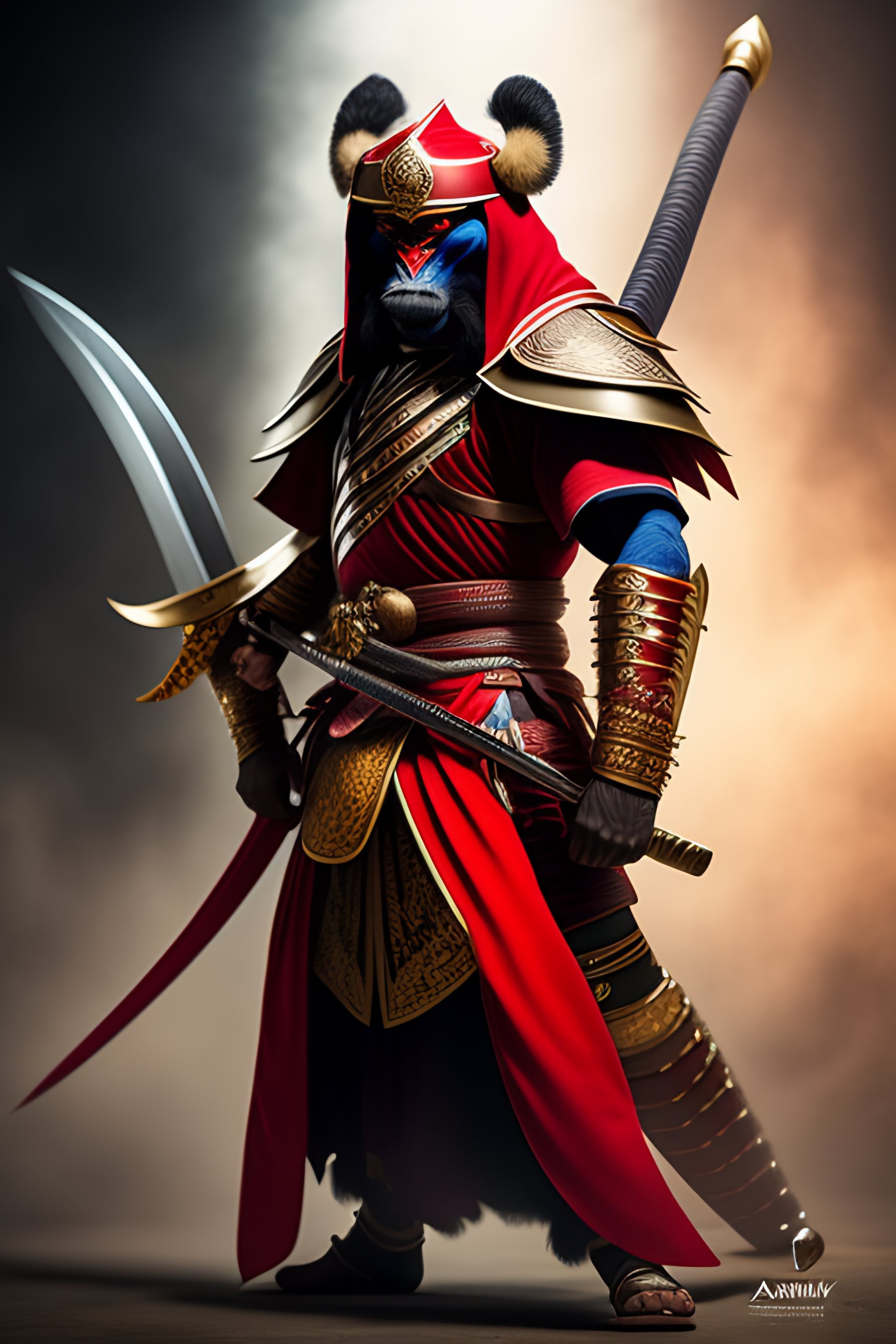 Lexica - Award-winning photo of a Mandrill samurai, red eyes, holding ...