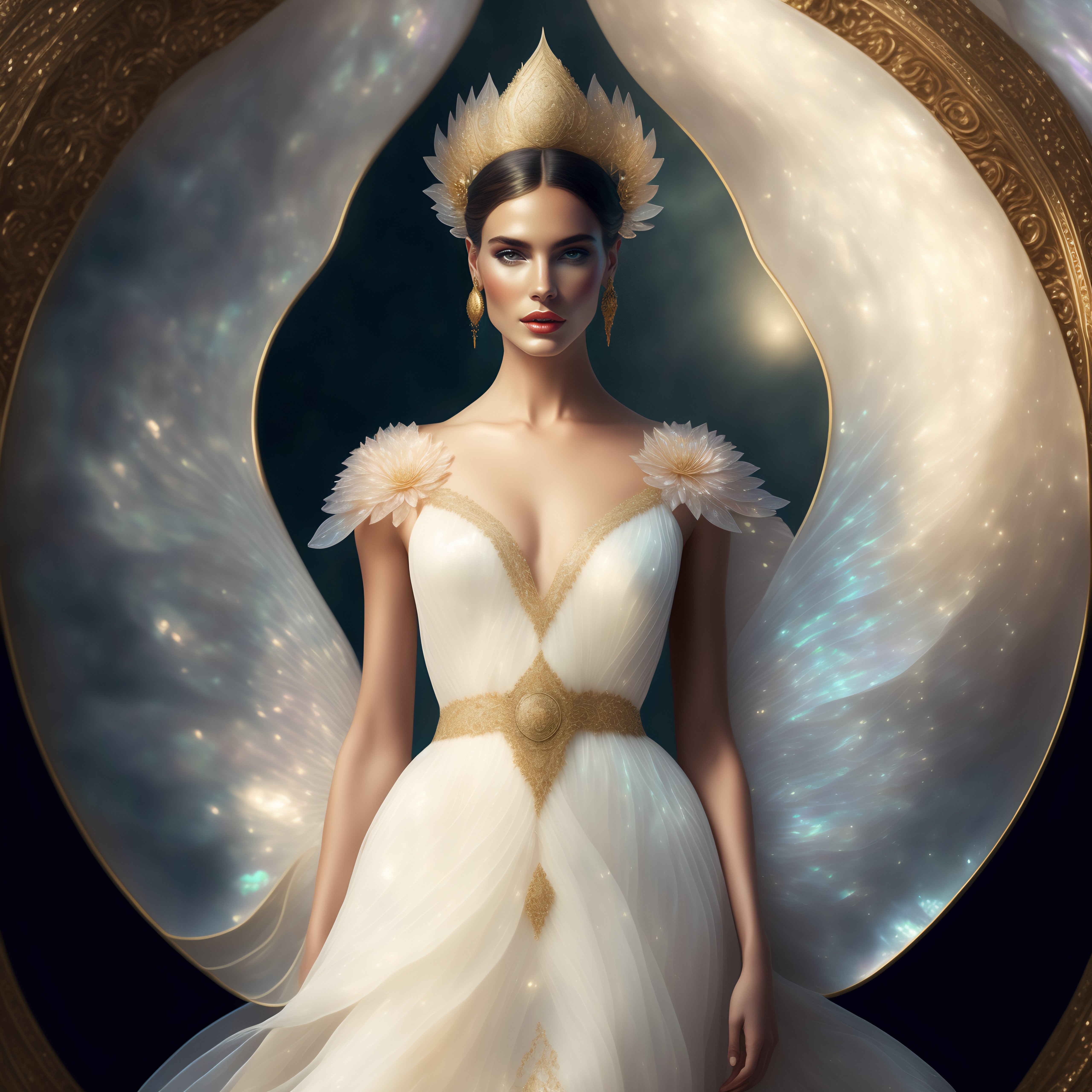 Lexica - Fairy wearing a white silk Greek gown standing on a mother of pearl in the centre of a ...