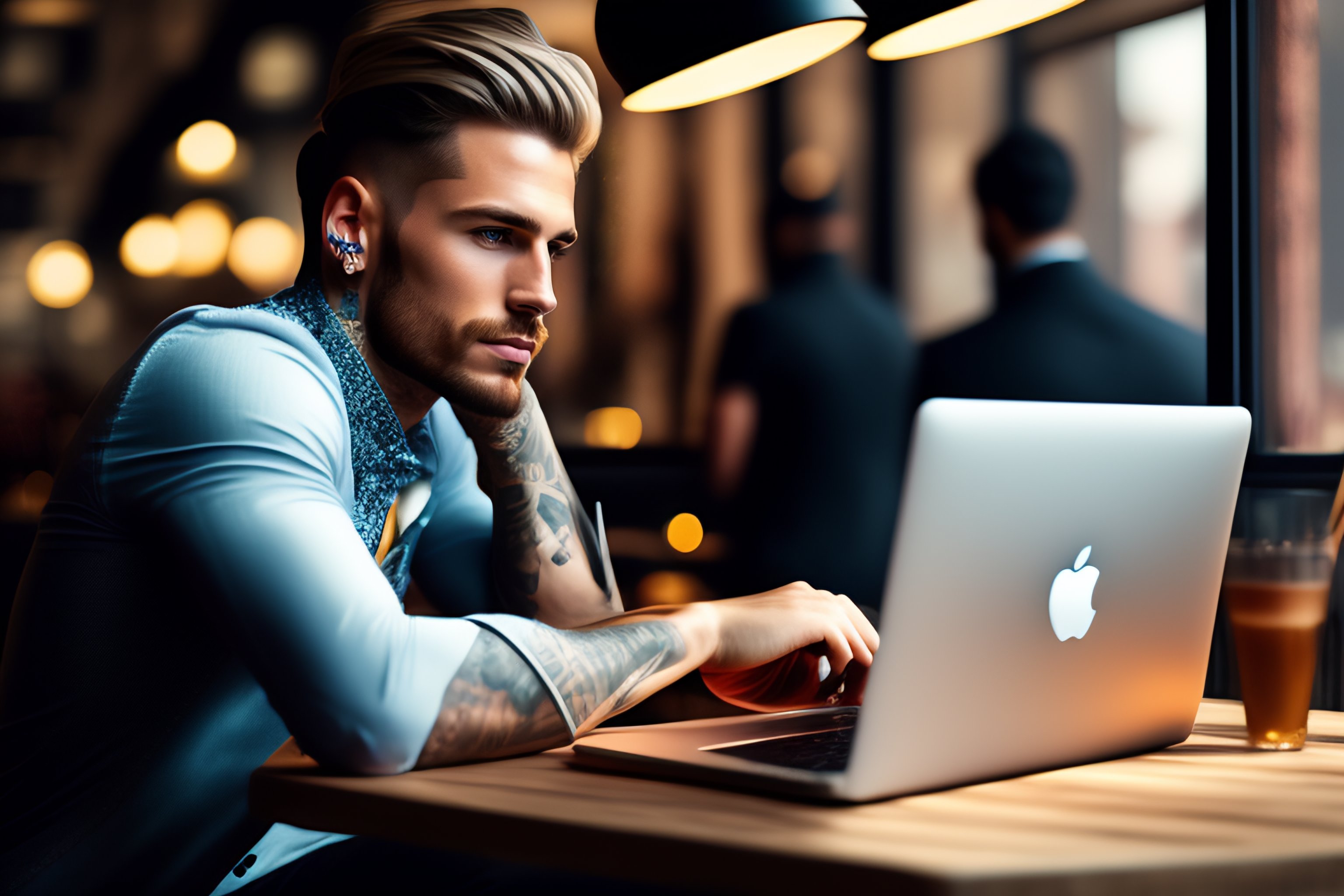 Lexica - Pr agent, hipster, tattos, working in cafe, laptop of brand ...