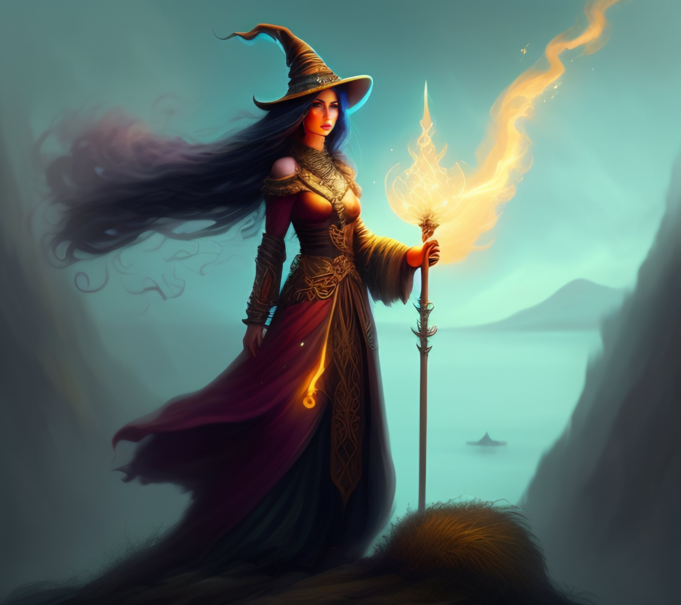 Lexica - Top down full body view of a witch holding a staff and casting ...