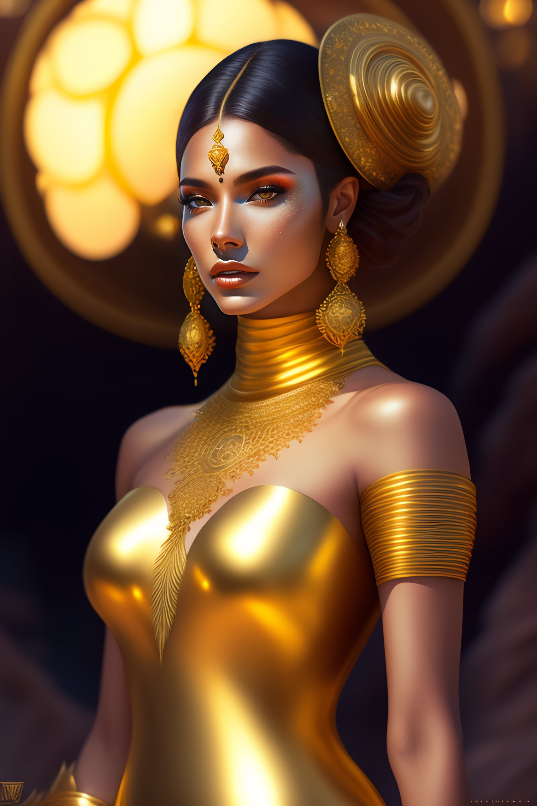 Lexica - A beautiful cinematic female sand goddess, golden dress, glow ...