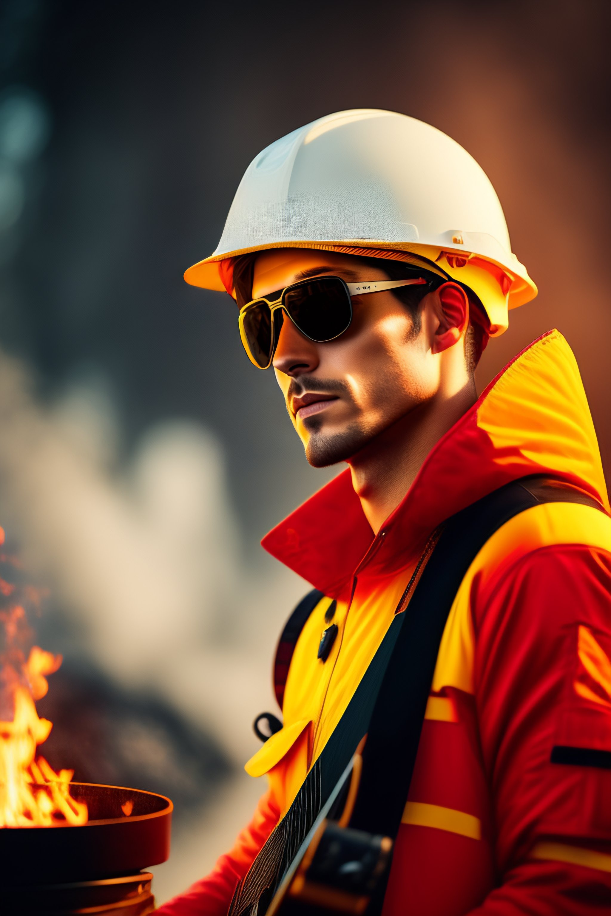 Lexica - High-tech white mechanic with broad chin, wearing a yellow ...