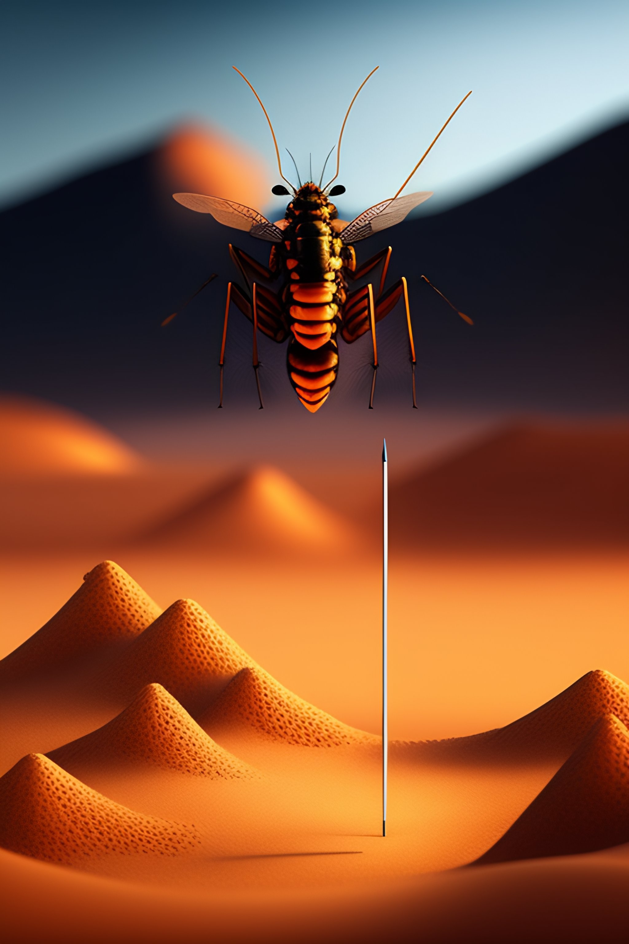Lexica - A humanoid mosquito standing with a desert with a spear.
